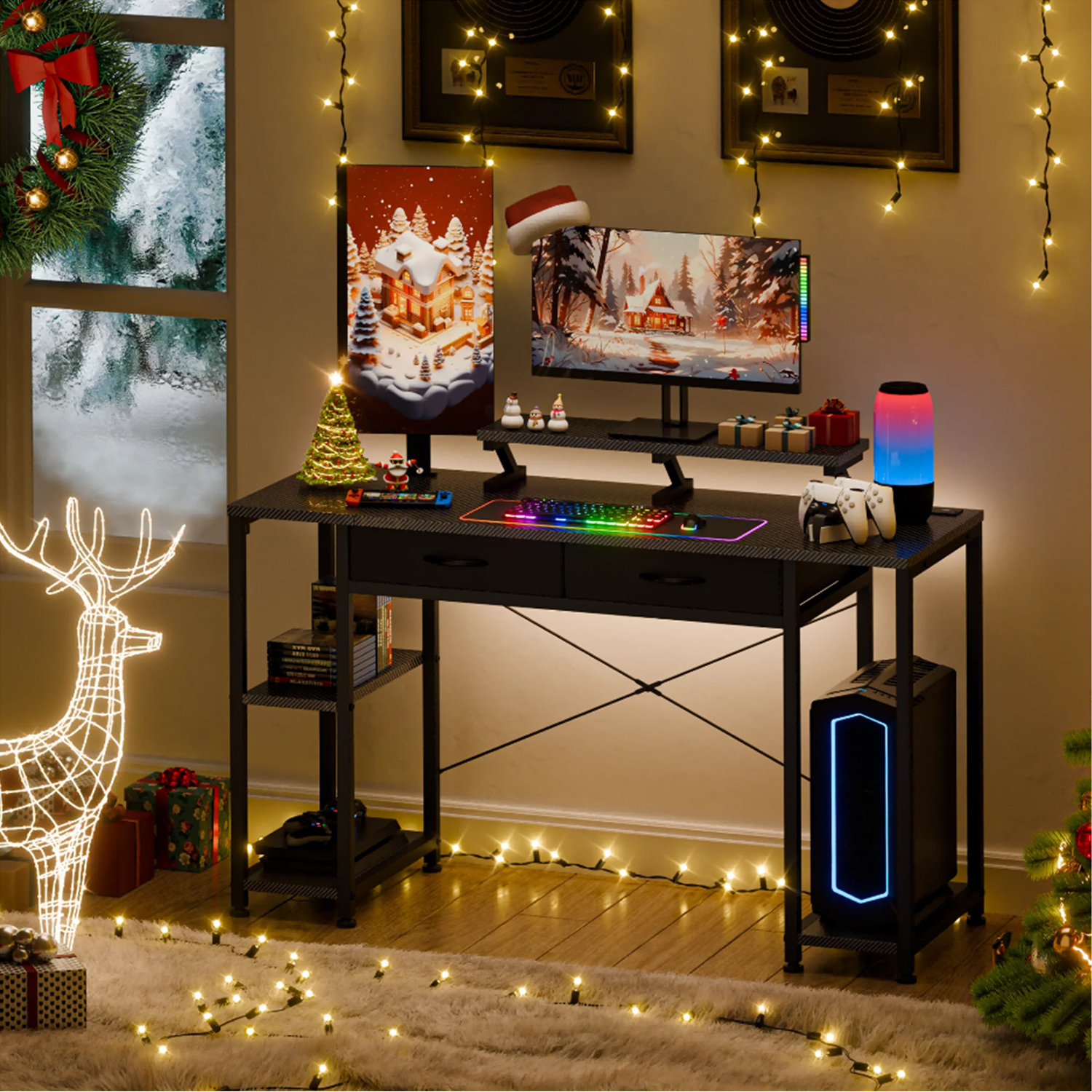 Inbox Zero Lynzy 47.3'' W Rectangle Computer Desk with Drawers Shelves ...