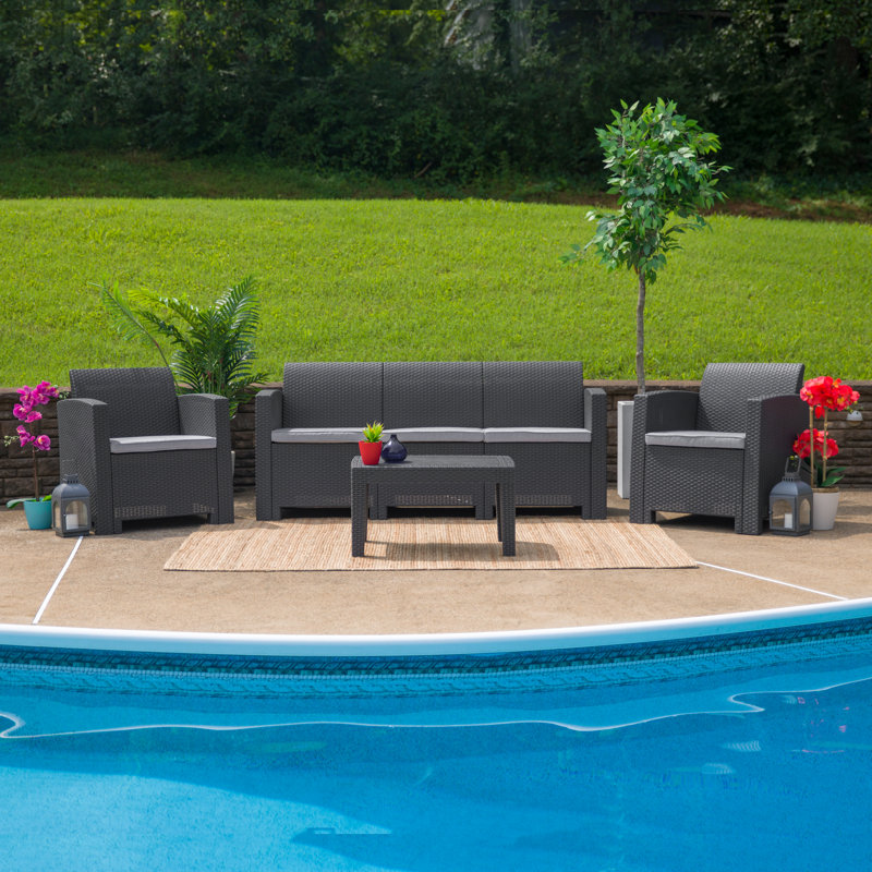 Beachcrest Home™ Alderman Faux Rattan Sofa with All-Weather Cushions ...