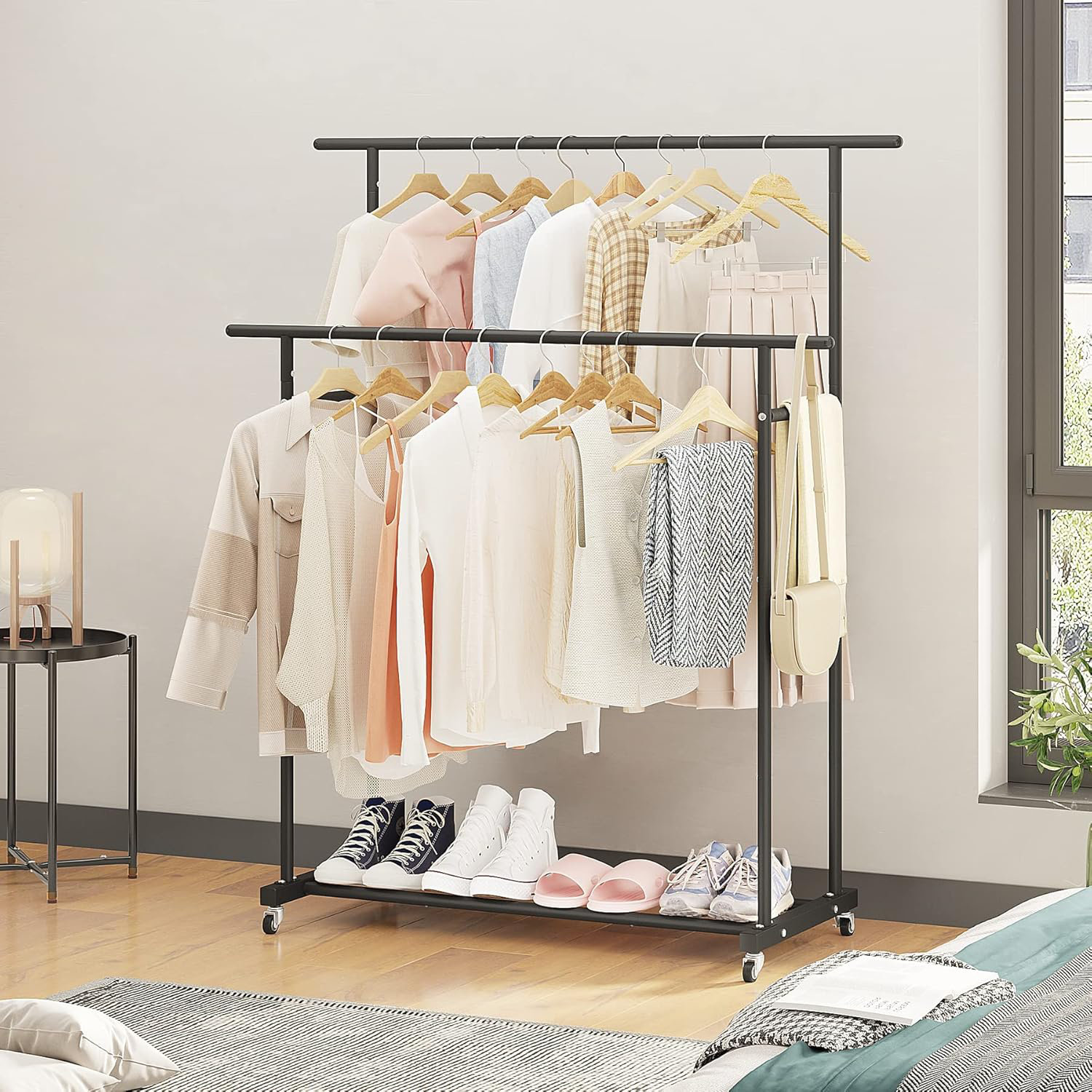 Ebern Designs Double Rod Clothing Garment Rack,Rolling Hanging Clothes ...