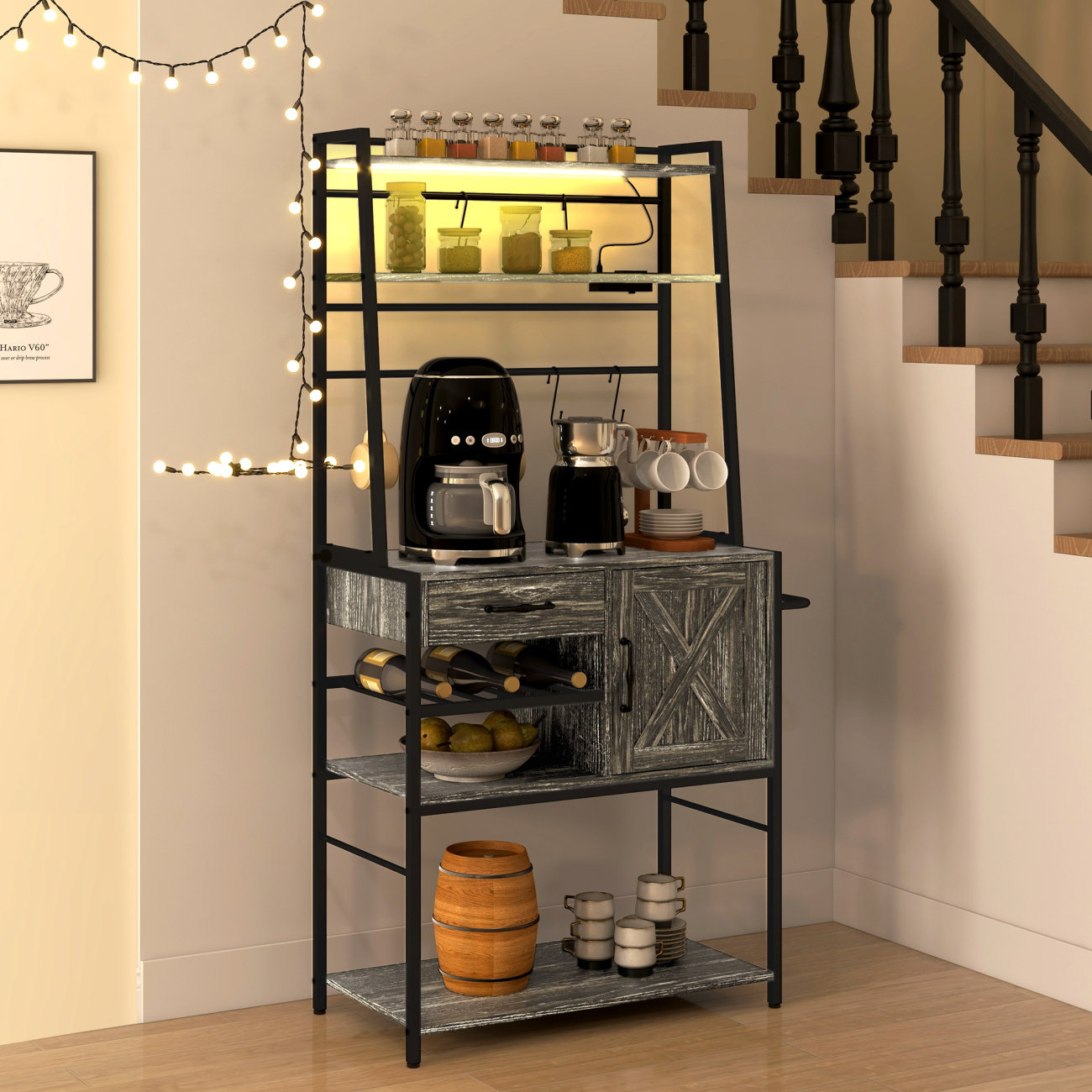 Ivy Bronx Baker's Rack With Power Outlet And LED Lights, Coffee Bar ...