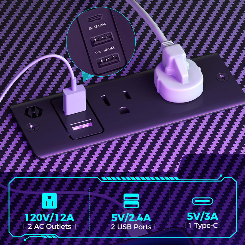 Inbox Zero Gaming Desk with LED Lights & Power Outlets, Computer Desk ...