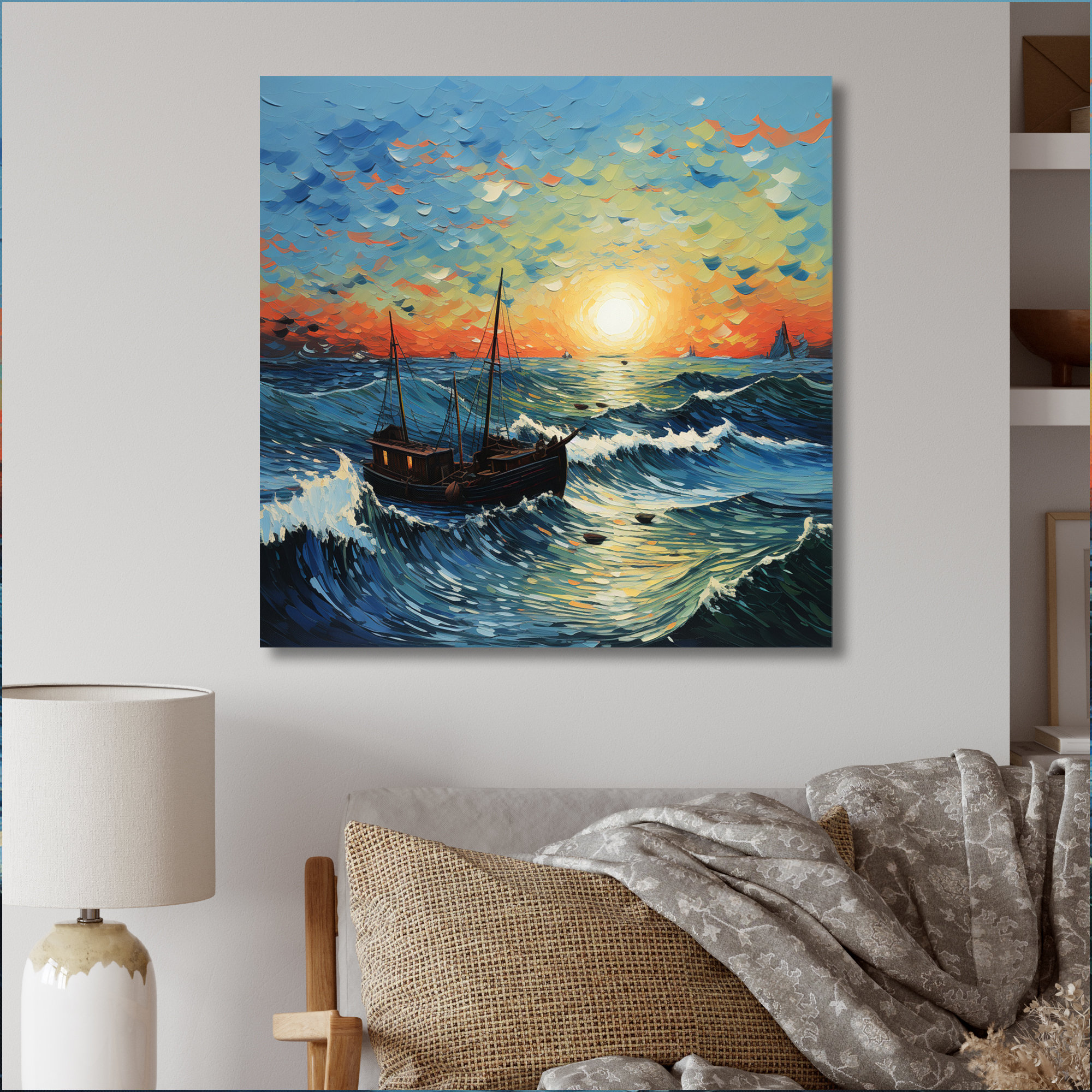Breakwater Bay Vangogh, paysage marin avec pêche IV, encadré sur toile ...