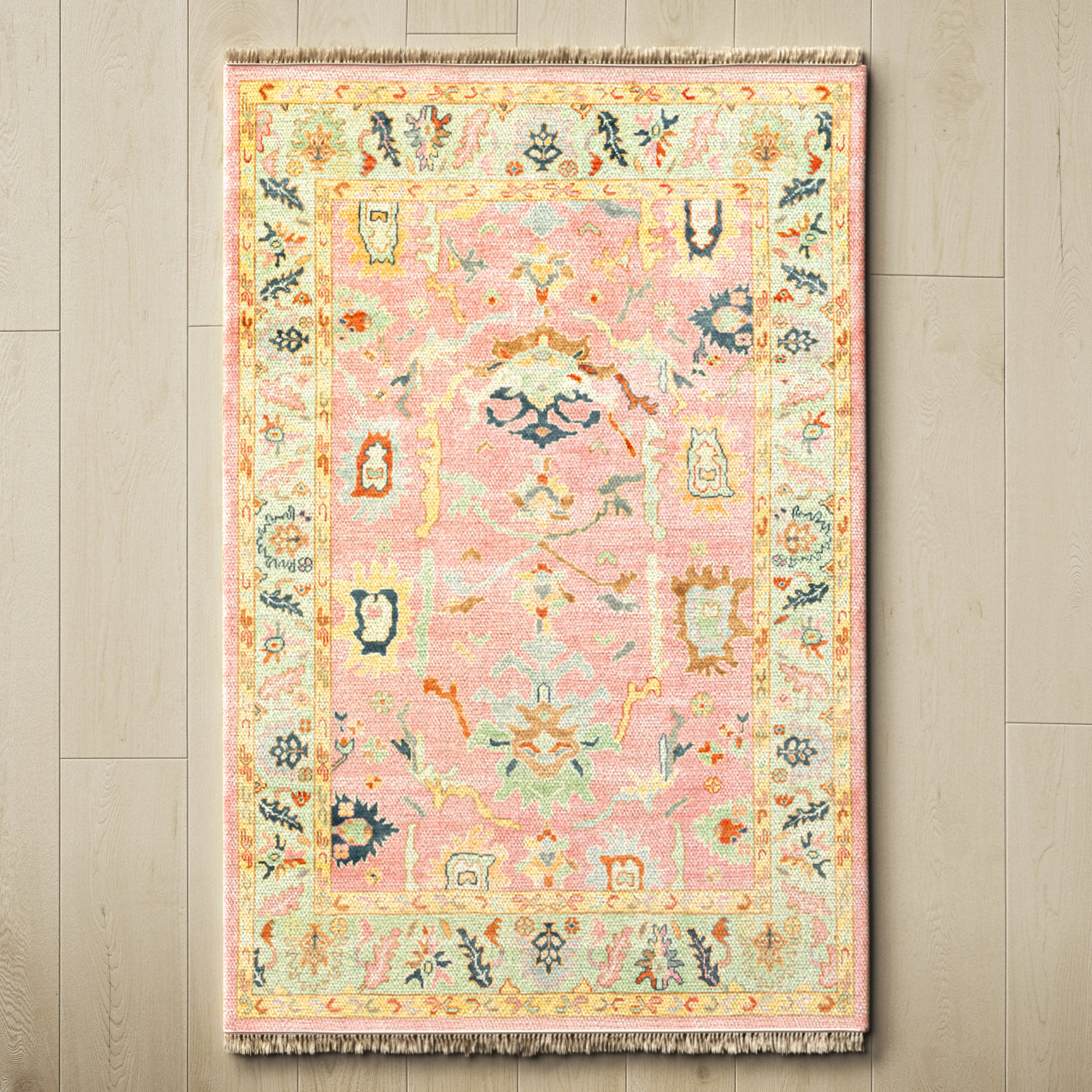 Birch Lane™ Morrisson Oriental Hand Knotted Pink/Green/Orange Area Rug ...