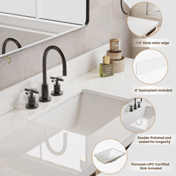 Ariel Bath ARIEL 61 INCH PURE WHITE QUARTZ BATHROOM VANITY COUNTERTOP 1 ...