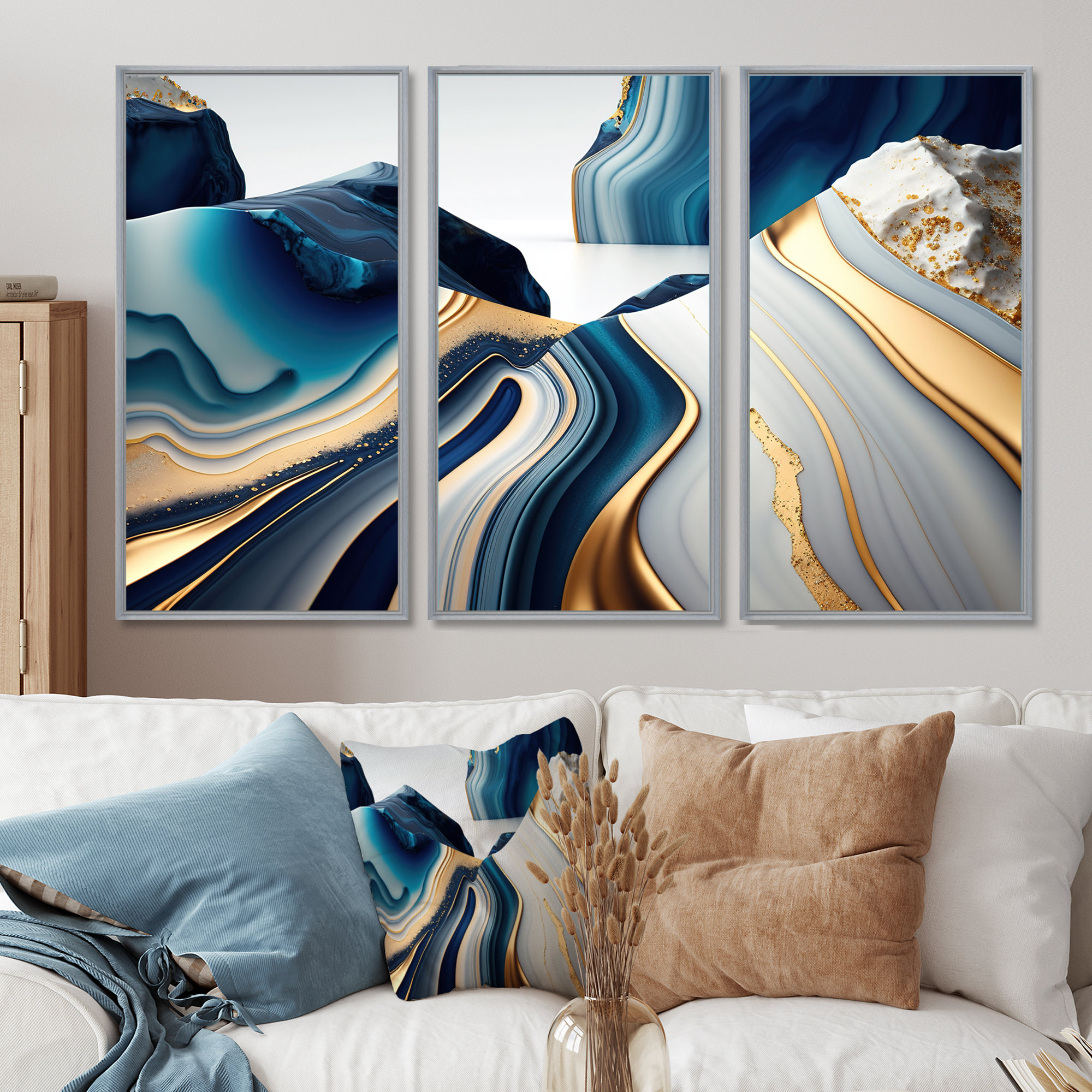 Design Art Abstract Geode Waves Blue And Gold I - 3 Piece Print on ...