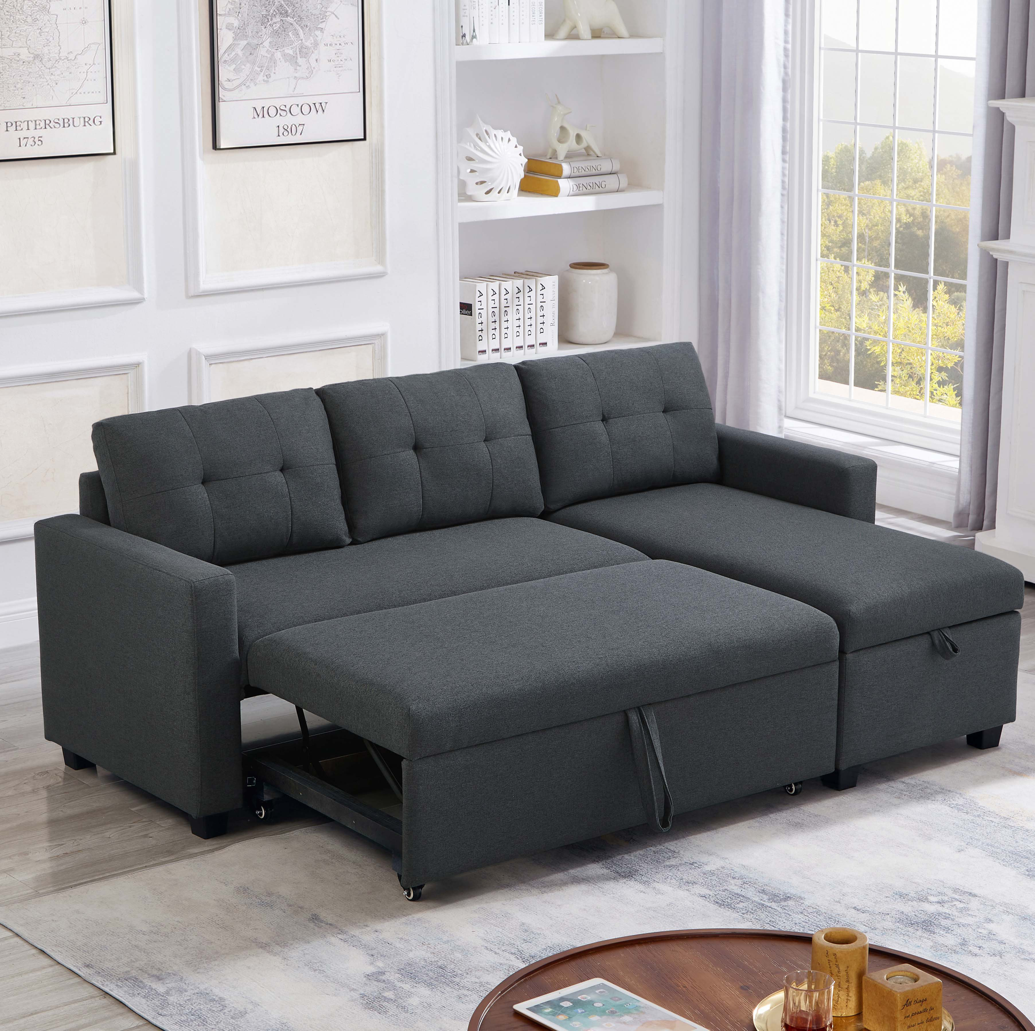 Latitude Run® Upholstered Pull Out Sectional Sofa with Storage Chaise ...