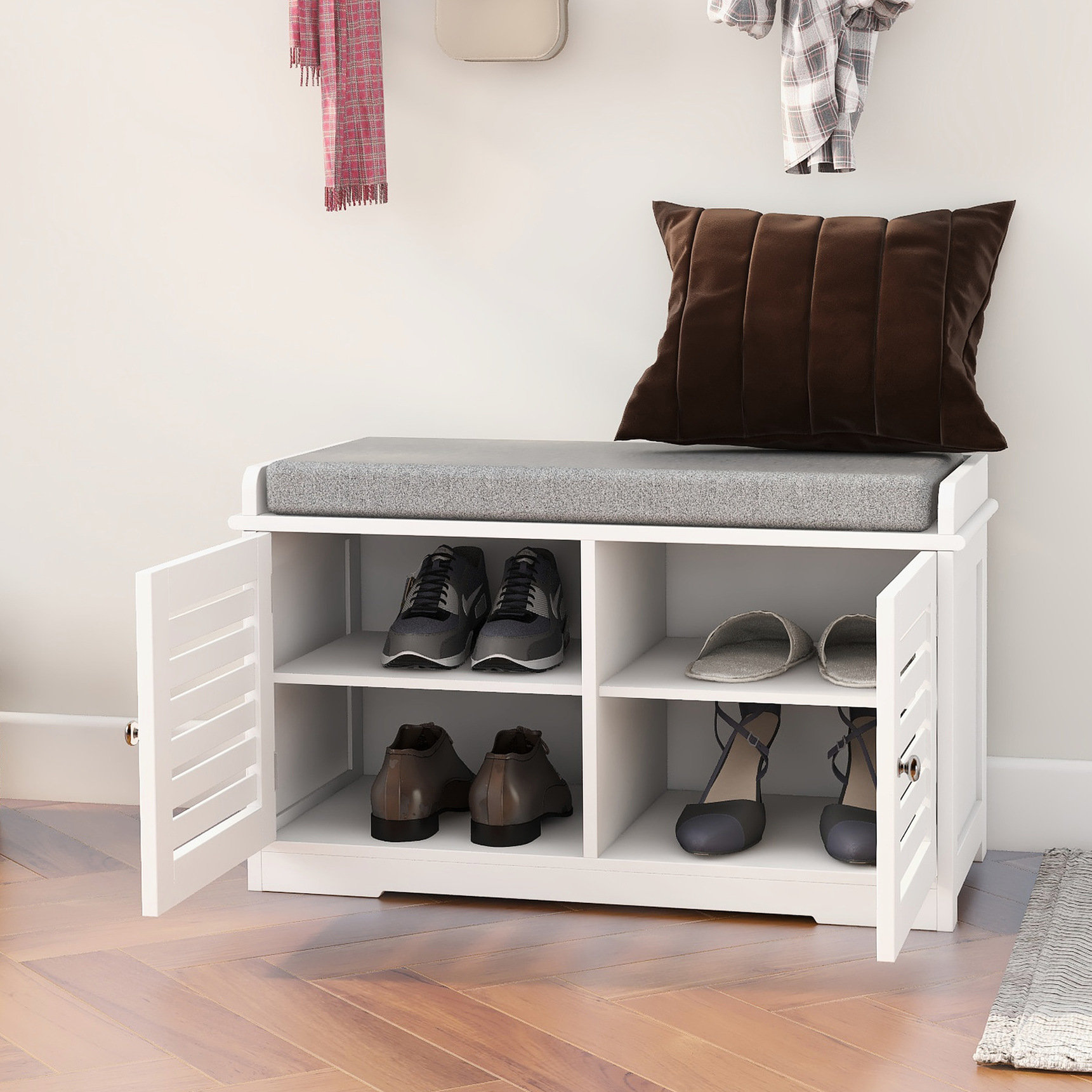 Beachcrest Home™ White Shoe Bench With 2 Compartments And Padded Seat ...