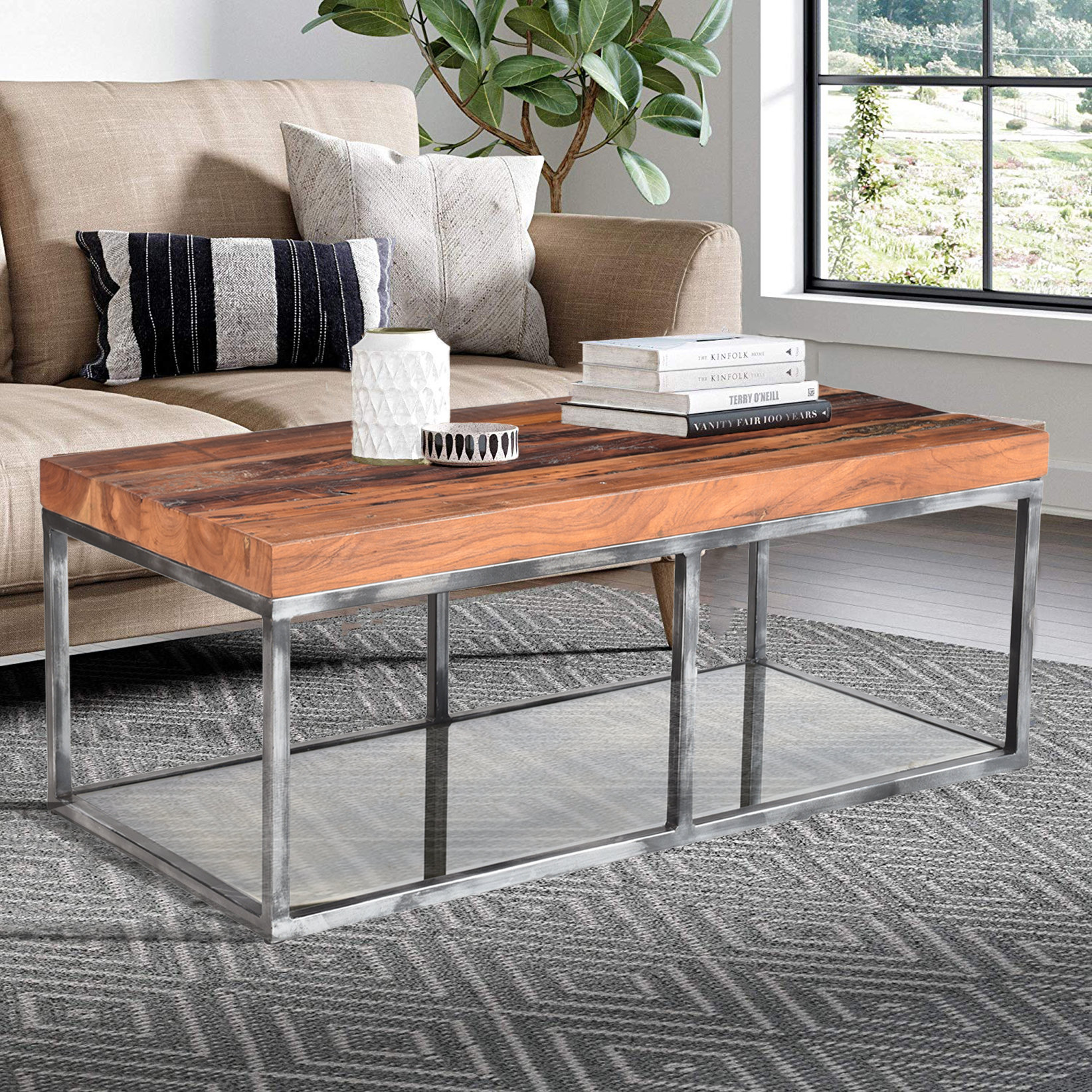 Designe Gallerie Wooden Top Coffee Table with Antique Mirror & Metal ...