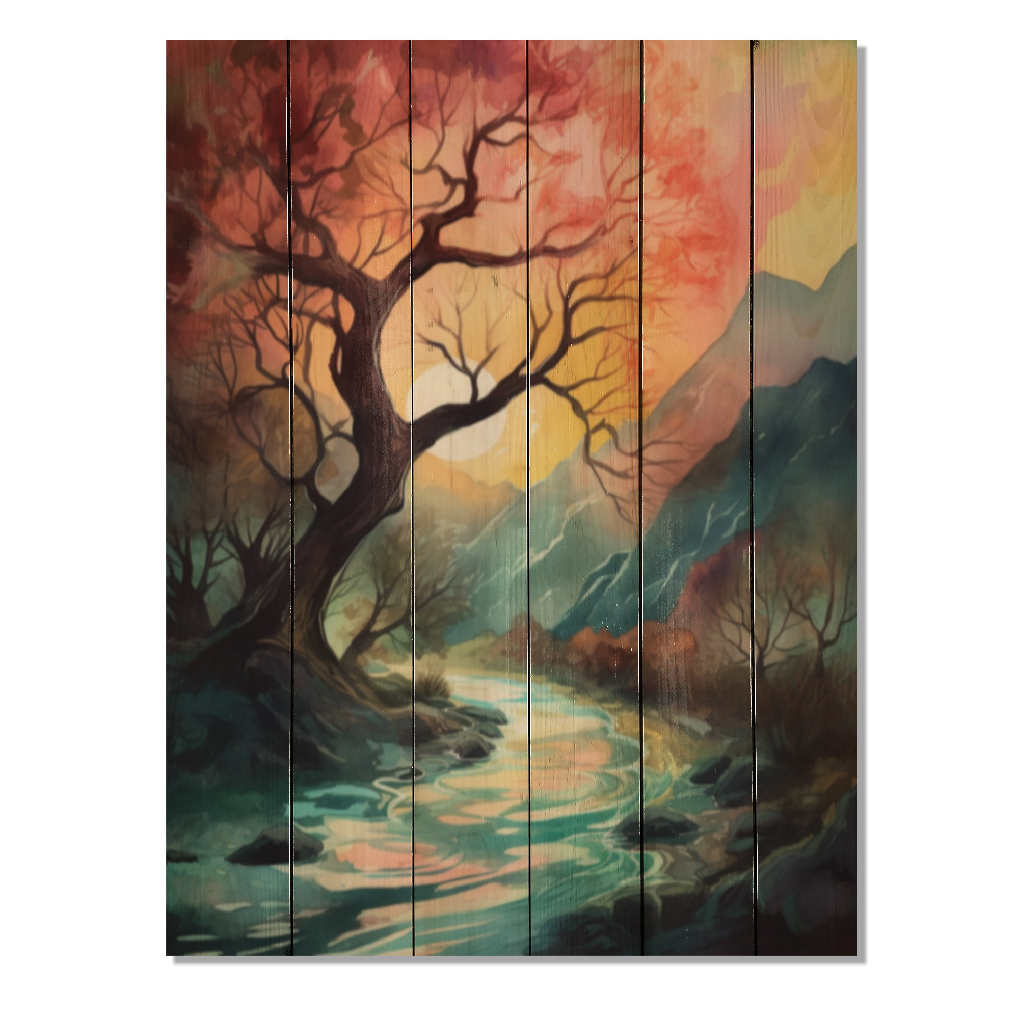 Loon Peak Sun Down Peaking Through Tree - Tree Floral Print on Natural ...