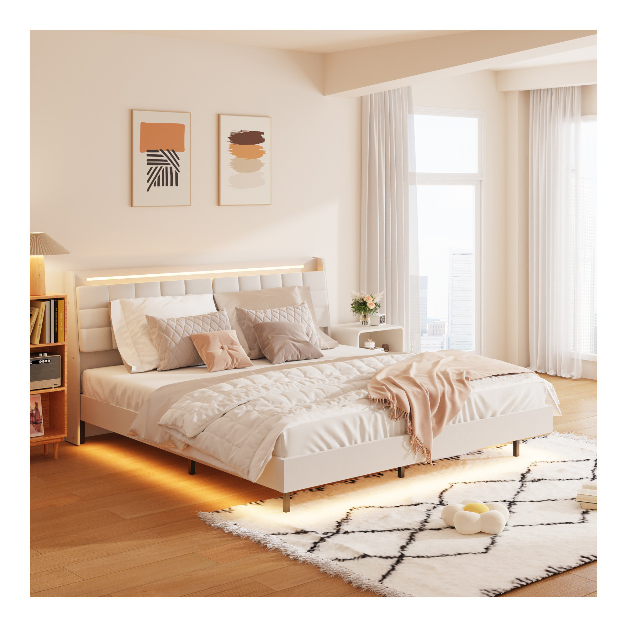 Orren Ellis King Floating Bed Frame With LED Light And Charging Station ...