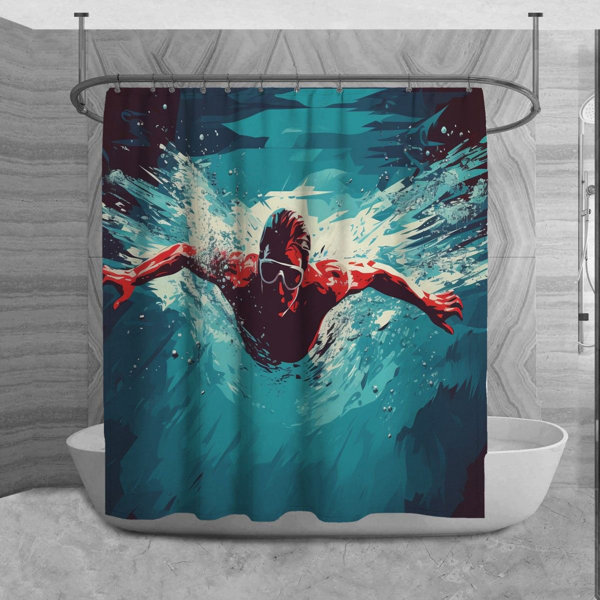 Bless international Swimming Shower Curtain Sports Bathroom Decor Blue ...