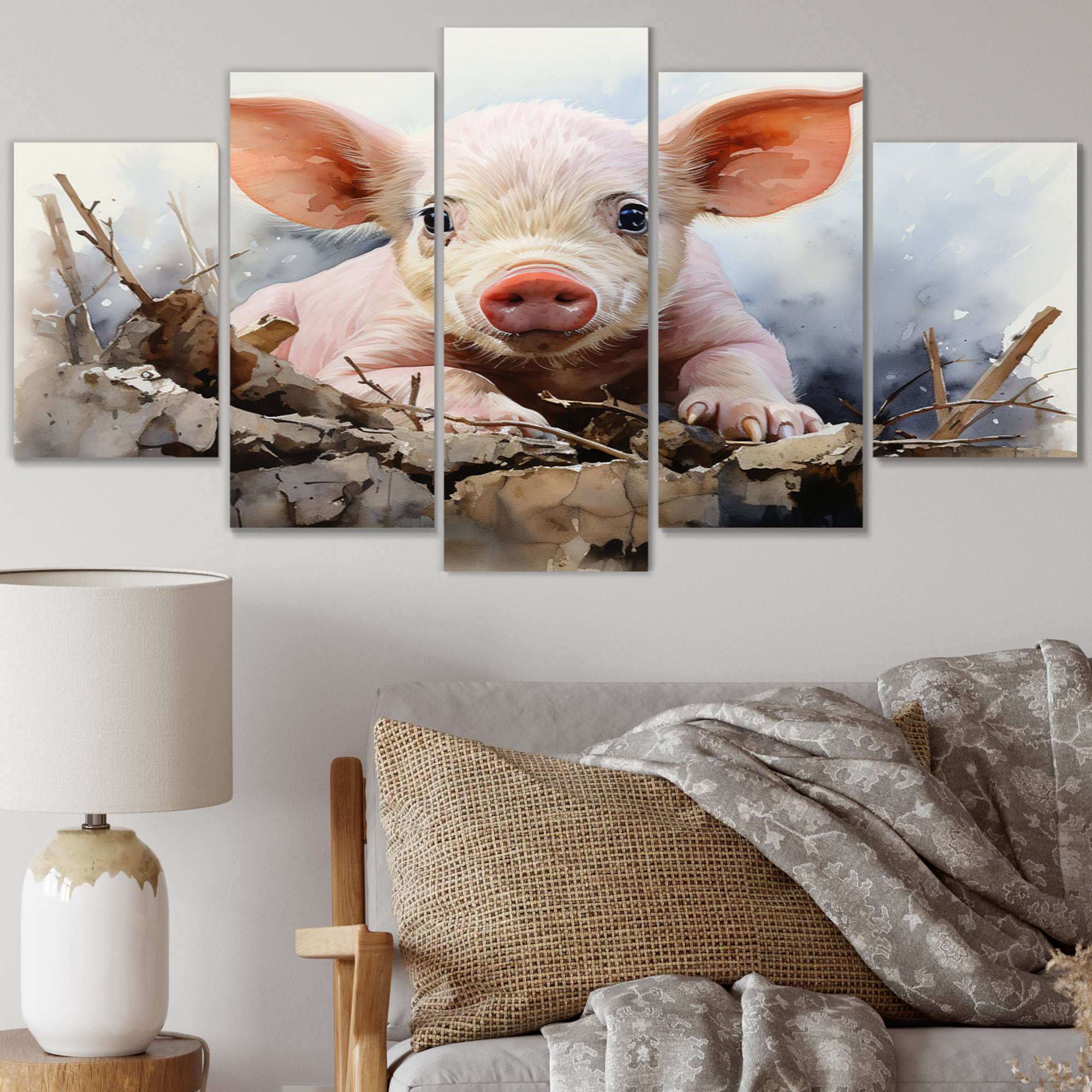 Gracie Oaks Pig Joyful Oinker - Animals Canvas Wall Art - 5 Panels ...
