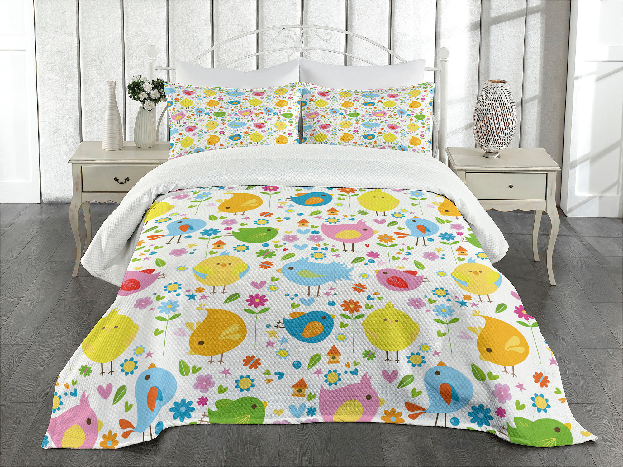 Ambesonne Birds Bedspread Set Colorful Birds and Flowers Multicolor ...