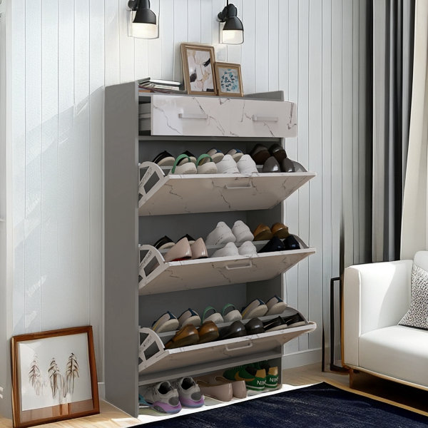 Rebrilliant High Glossy Marble Shoe Rack With 3 Flip Drawers And 2 ...