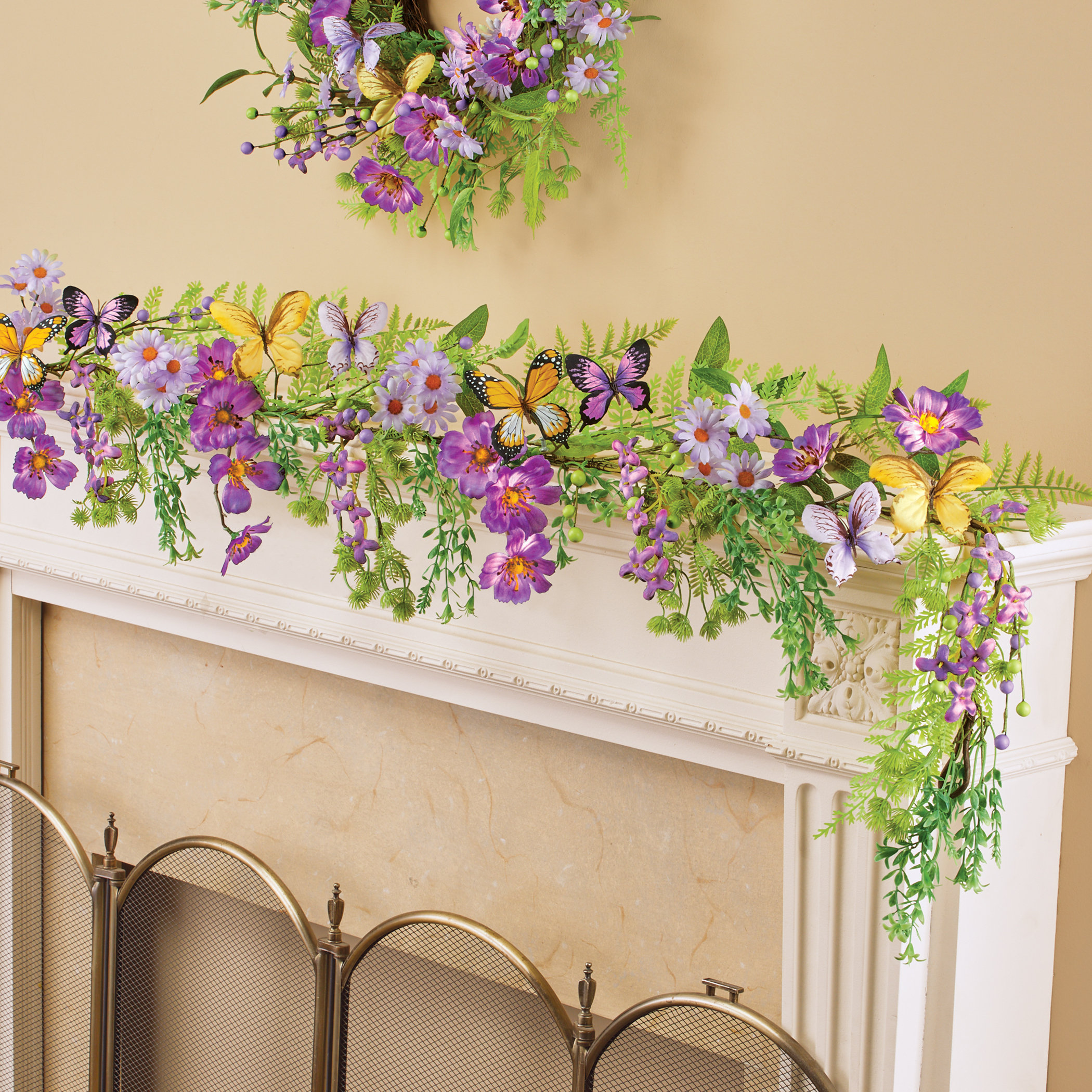 Primrue Spring Purple Floral Butterfly Garland Decoration | Wayfair