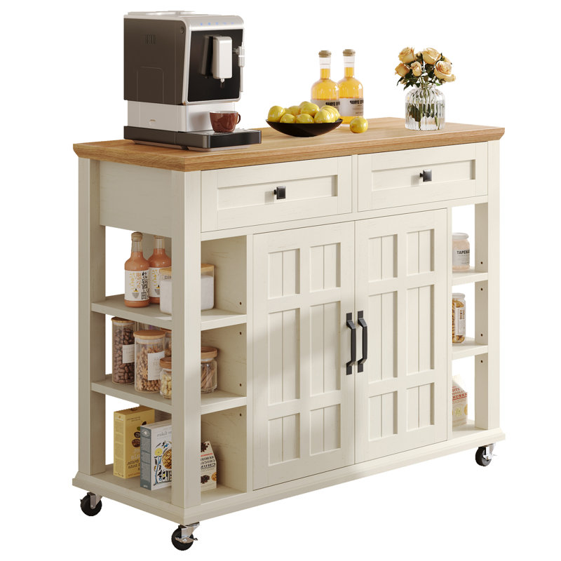 Wrought Studio™ Himmat 45" Rolling Kitchen Cart Island with 2 Drawers 1 ...