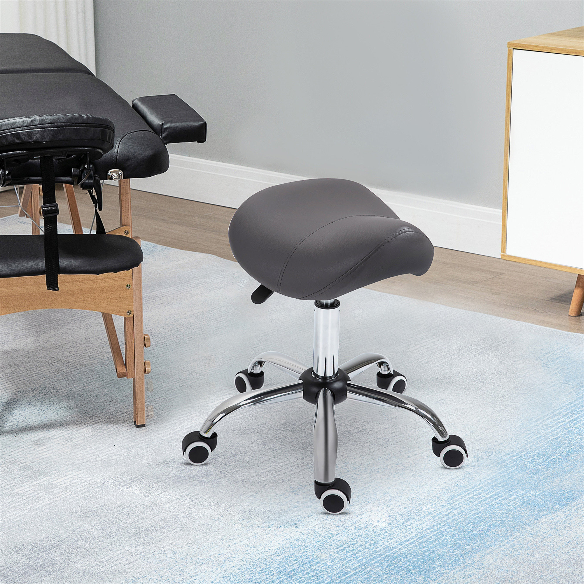 Inbox Zero Makensie Rolling Saddle Stool, PU Leather Hydraulic Spa ...