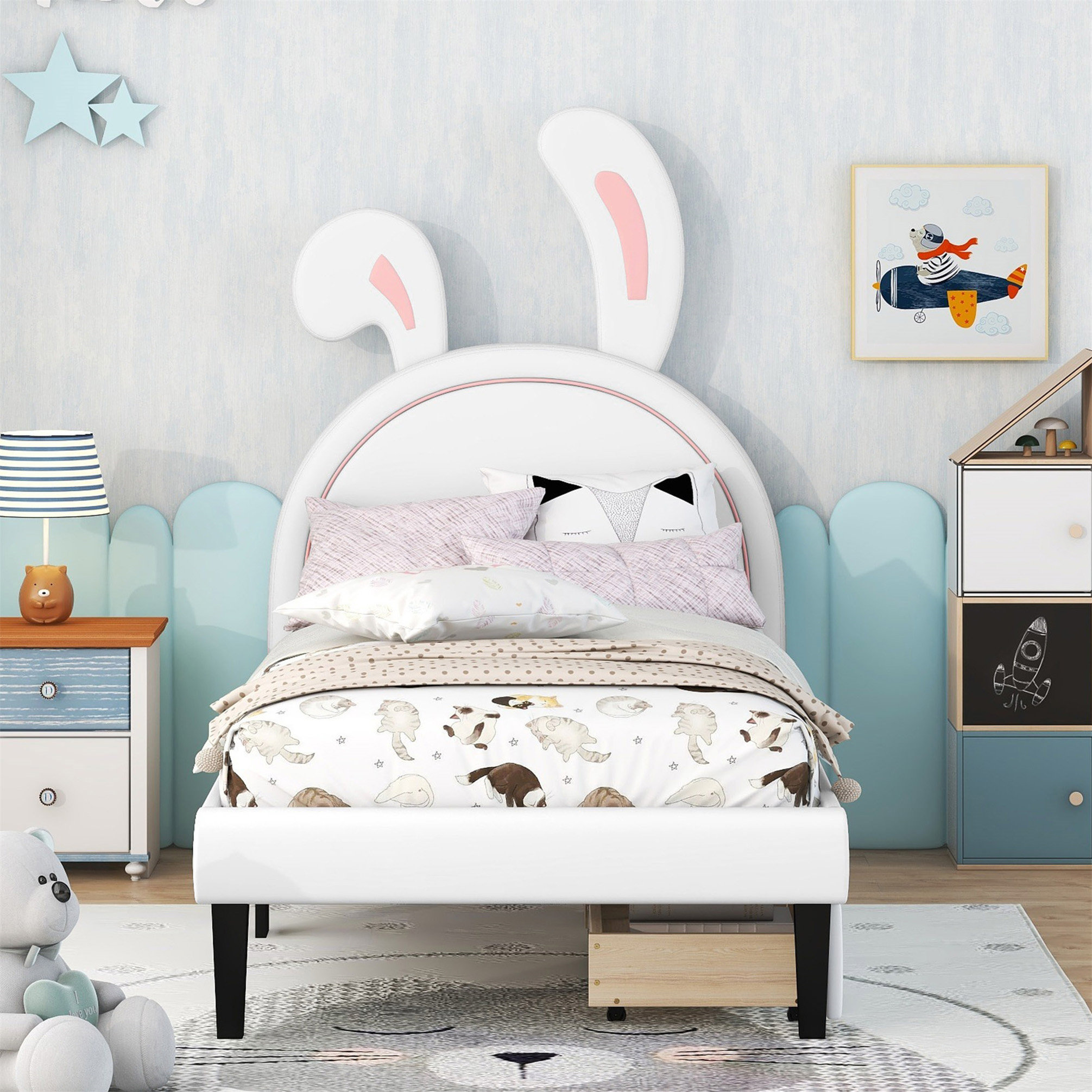 Zoomie Kids Upholstered Leather Platform Bed With Rabbit Ornament And 2 ...