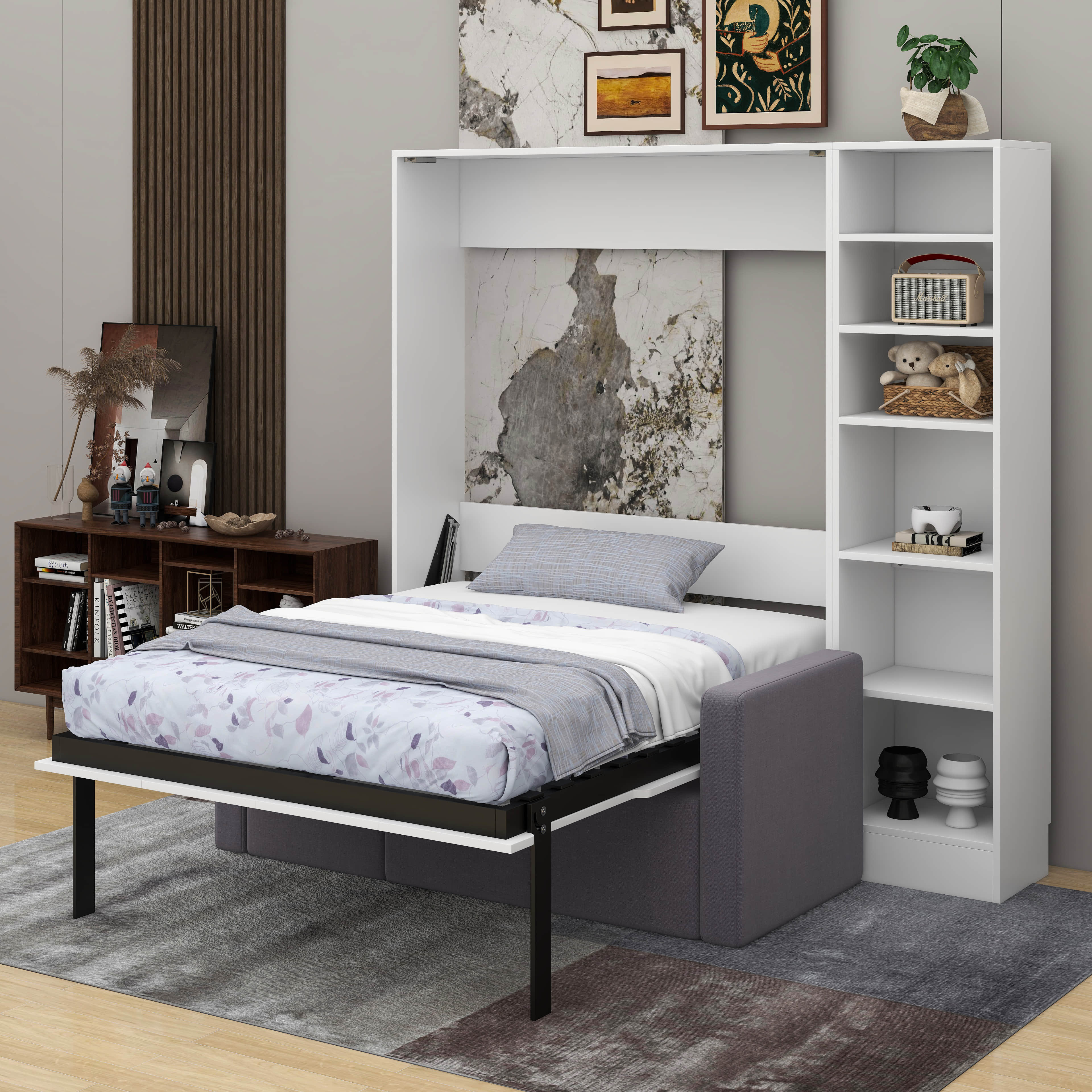 Hokku Designs Latieka Full Size Murphy Bed Wall Bed with Sofa and Shelves | Wayfair