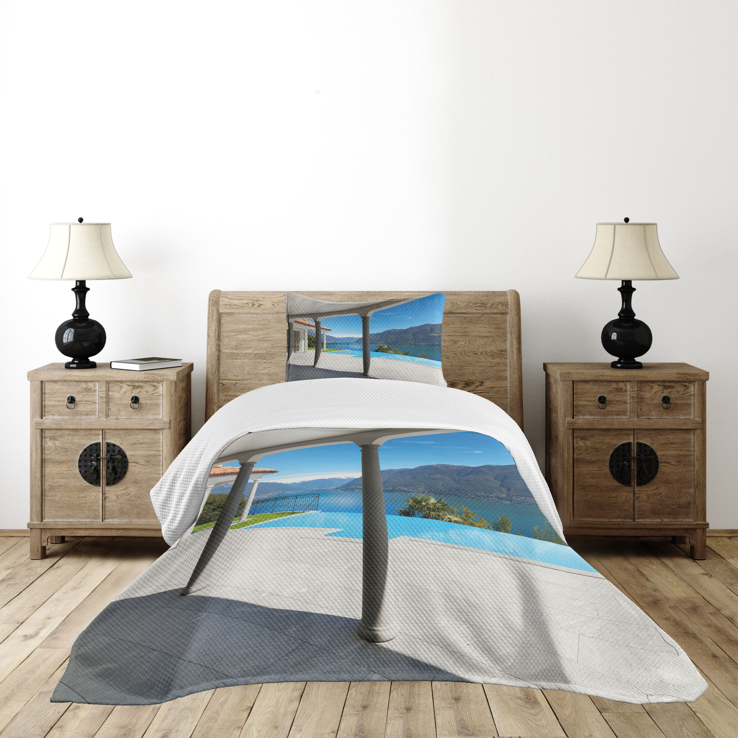 Ambesonne Italian Bedspread Set Lake Maggiore Alps View Turquoise Grey ...
