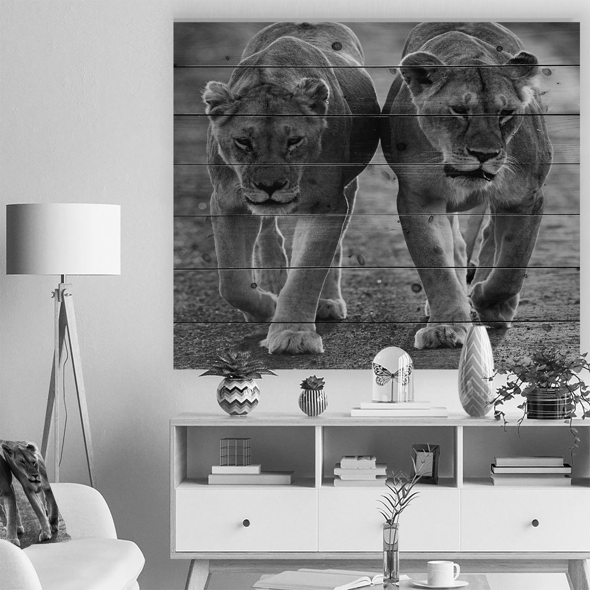 Ebern Designs Lions In Black And White - Traditional Wood Wall Art ...