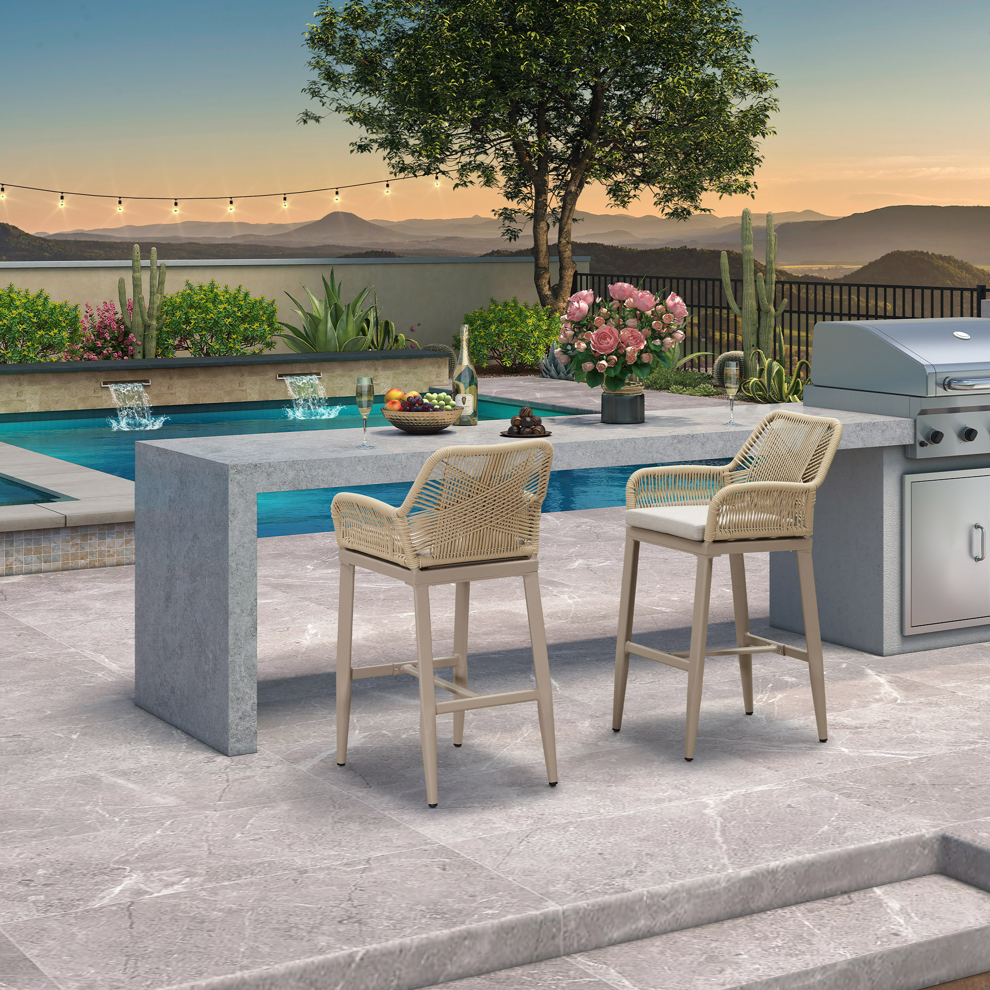 Bay Isle Home Alkinoi Outdoor 28.54'' Bar Stool with Cushion | Wayfair