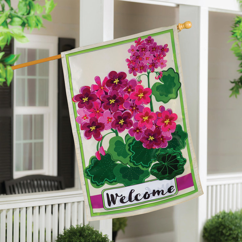Arlmont & Co. Pink Geranium Welcome Applique House Flag | Wayfair