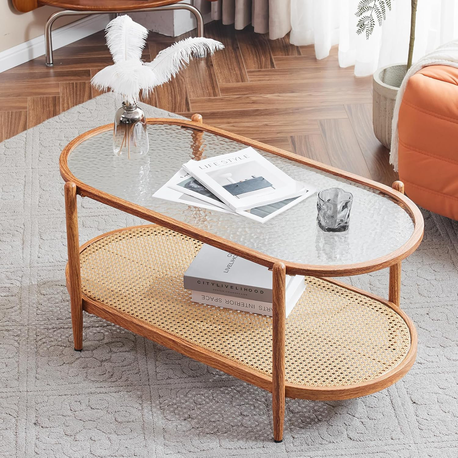 Bay Isle Home™ 38" Rattan Oval Coffee Table, Water-Wave Glass Metal ...