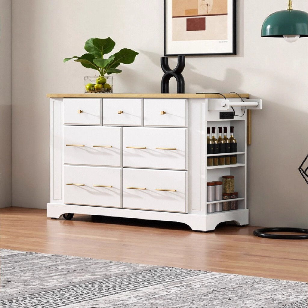 Lark Manor™ K&K Kitchen Island with 6 Drawers, Pull - Out Trash Can ...