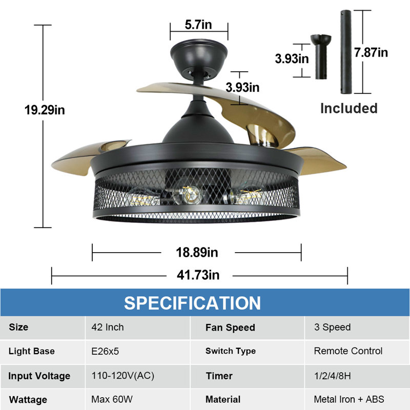 17 Stories 42'' Emerly 3 - Blade Retractable Blades Ceiling Fan with ...