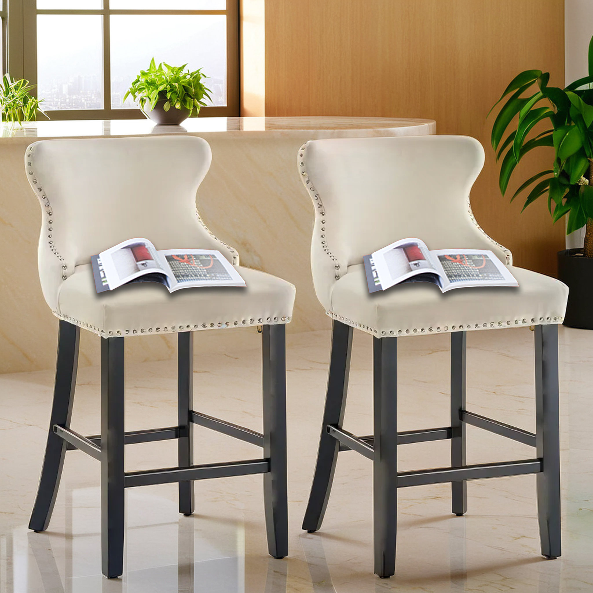 House of Hampton® Velvet Upholstered Wing-Back Solid Wood Bar Stools ...