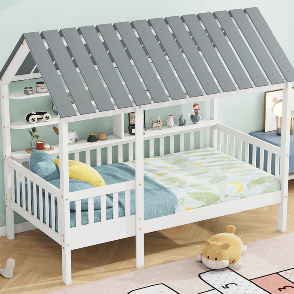 Harper Orchard Wood House Bed with Roof Guardrail and Shelves | Wayfair