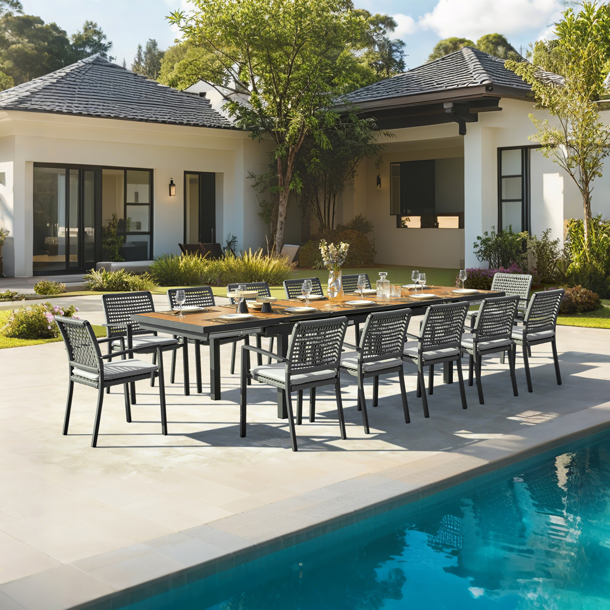HIGOLD Heck 12 Person Teak Outdoor Extendable Dining Table Set With ...