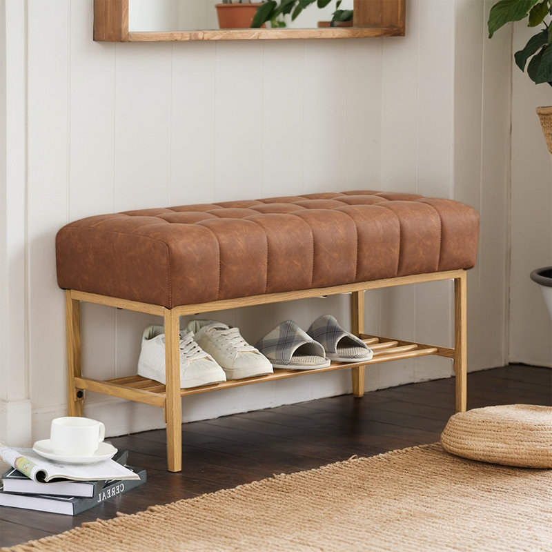 Ebern Designs Retro Leather Upholstered Storage Shoe Bench, End Of Bed ...
