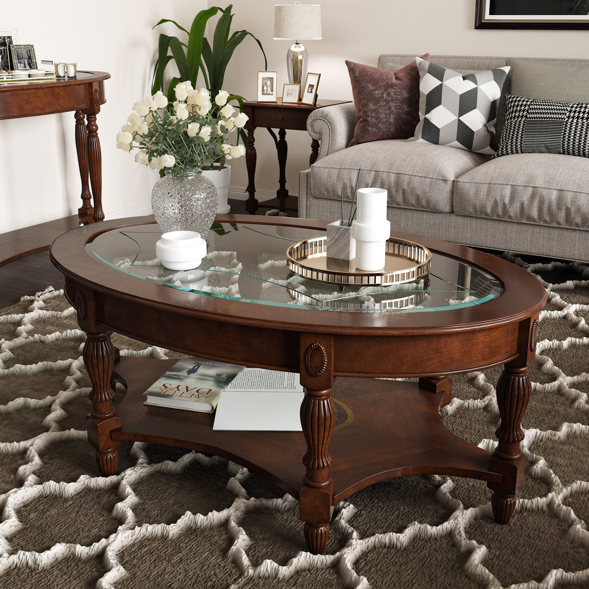Alcott Hill® Elinar Traditional Oval Wood Coffee Table with Tempered ...