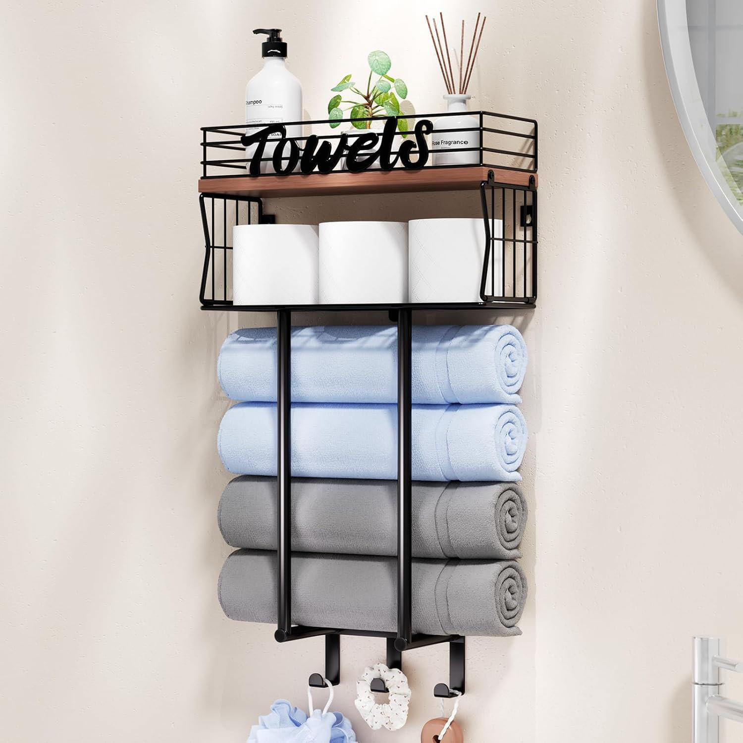 QIANXING Wall Mounted Towel Rack With Floating Shelf And Hooks ...