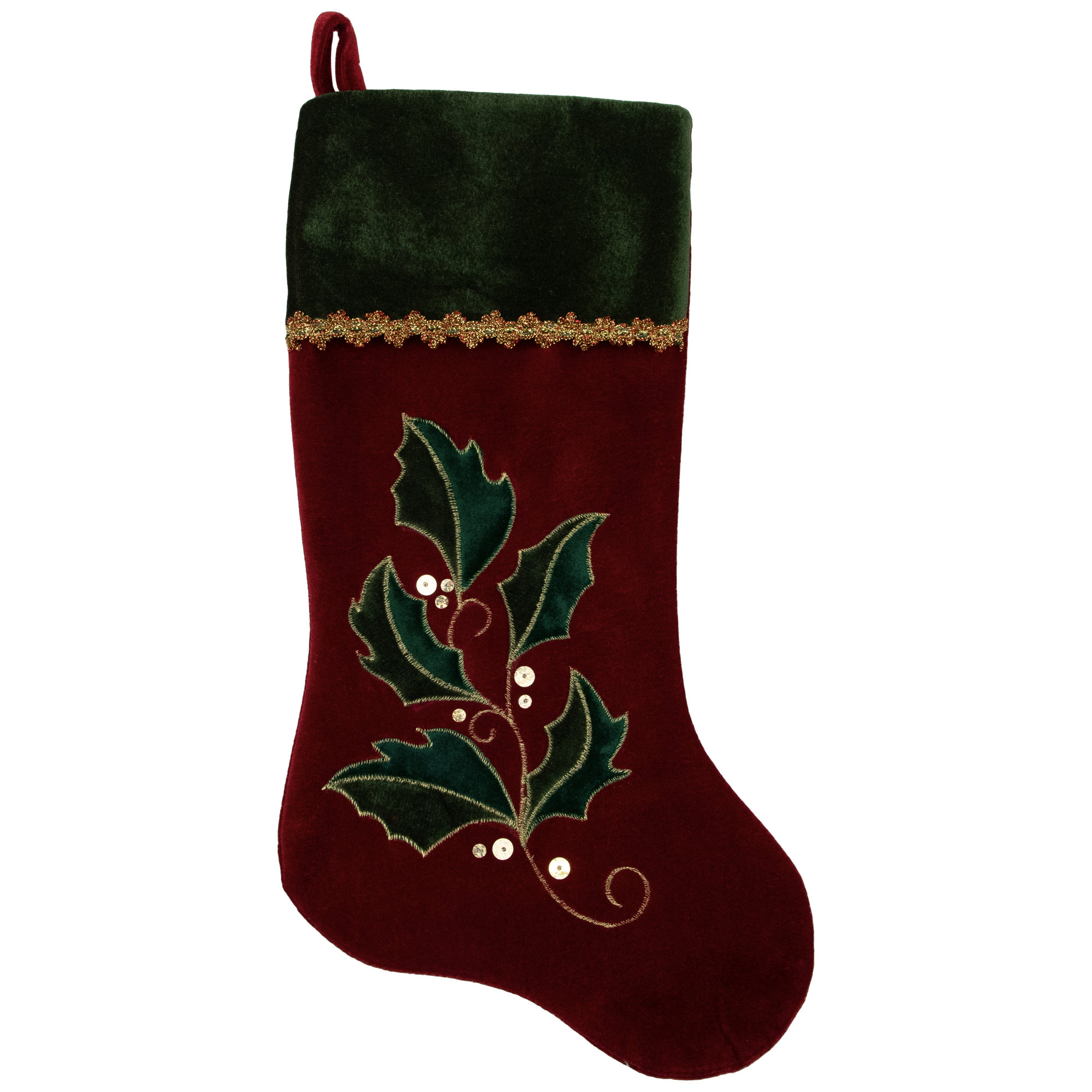 The Holiday Aisle® 21" Red and Green Holly Embroidered Velvet Christmas ...