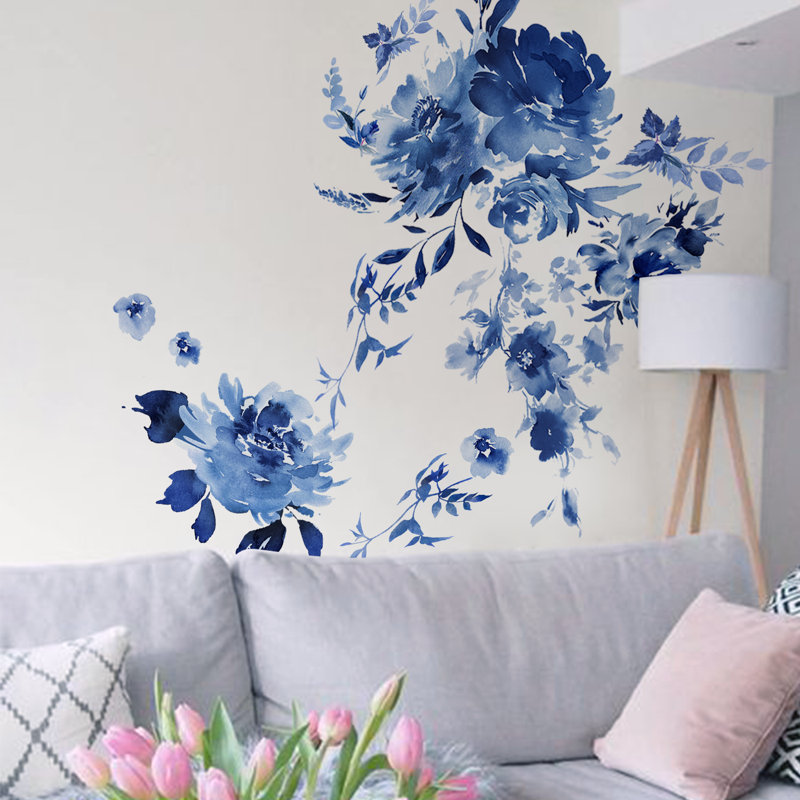 Winston Porter Plants & Flowers Blue Watercolor Large Floral Wall ...