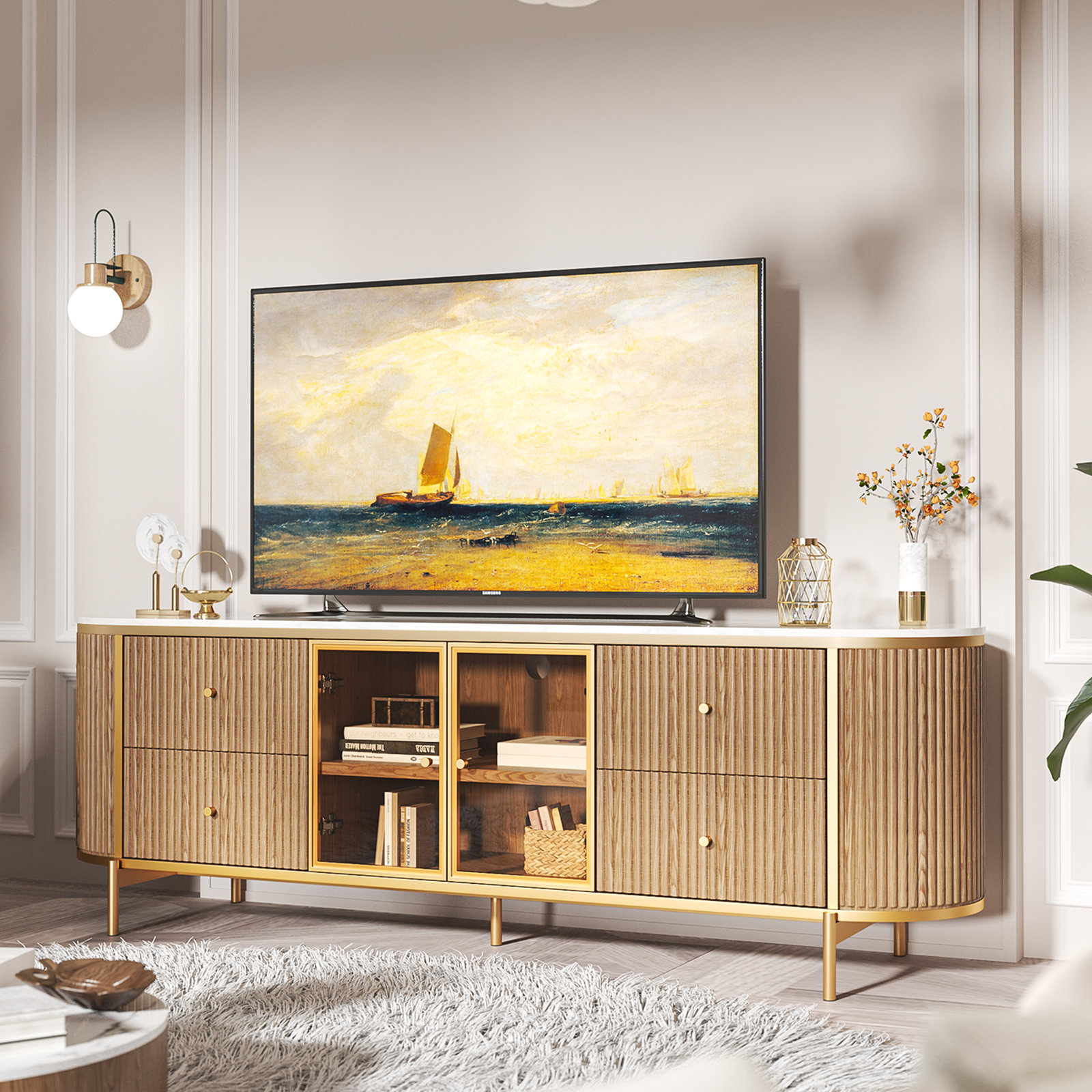 Mercer41 70'' Luxury Fluted TV Stand, Faux Marble Top, Curved Media ...