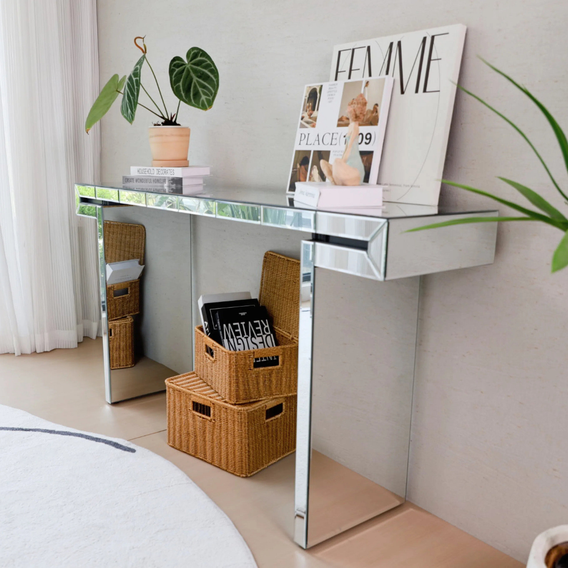 Ivy Bronx 60 Inches Luxury Full-Length Mirror Console Table With Fluted Tempered Glass, Entryway ...