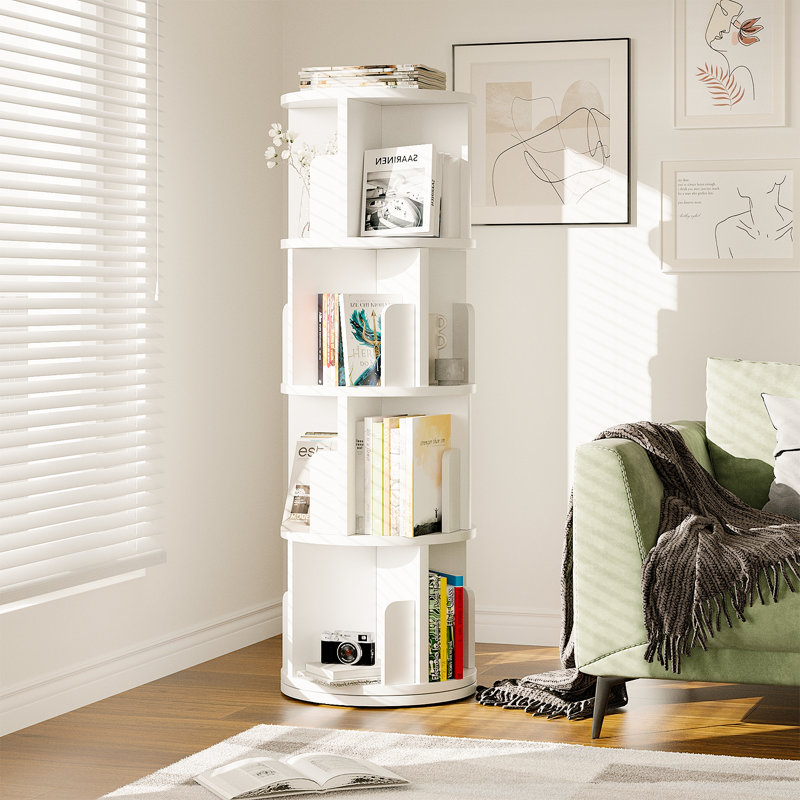 Ebern Designs 360° Rotating Bookshelf, 4 Tiers Corner Shelf, Rotating ...