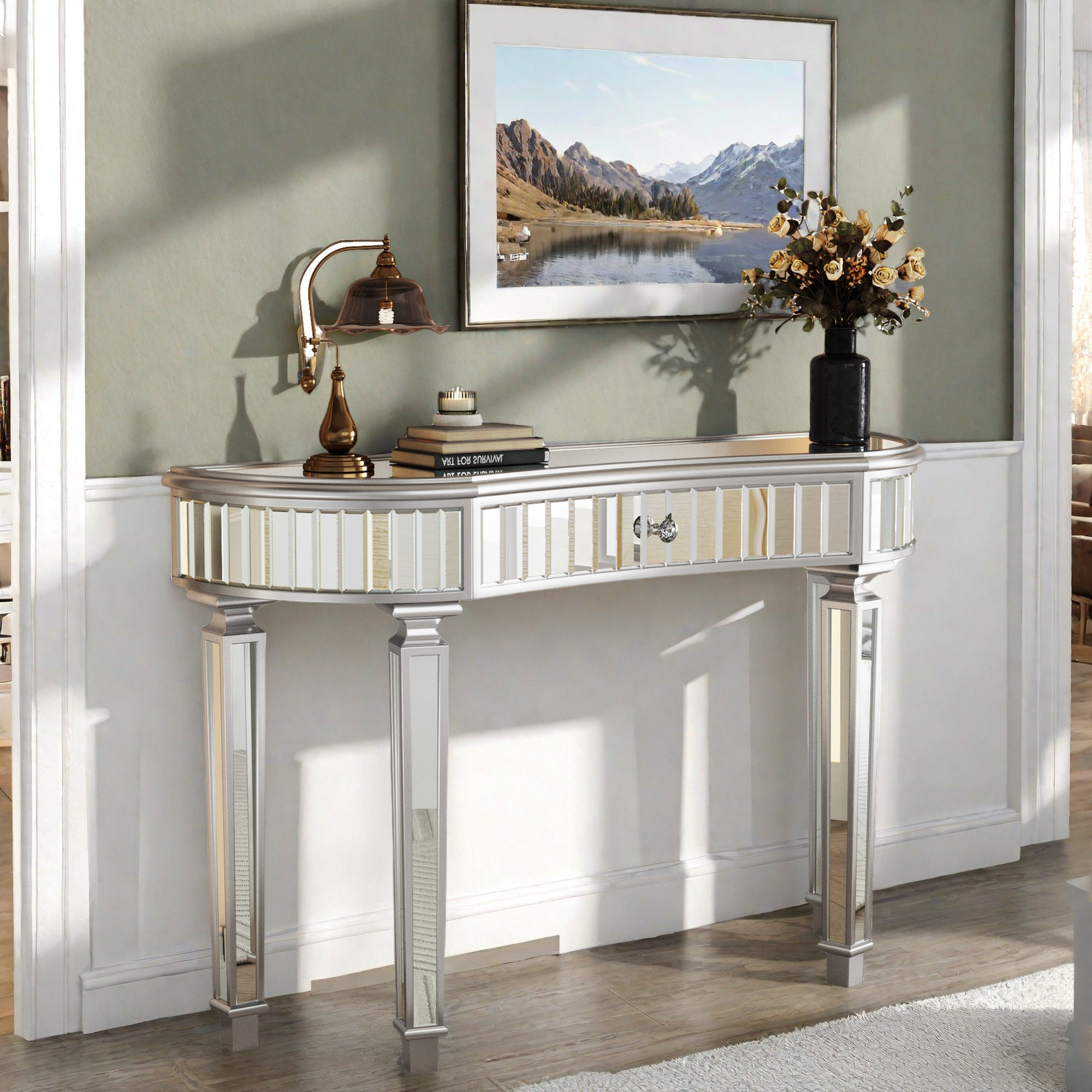 House of Hampton® Half-moon Mirrored Console Table With Fluted Glass ...