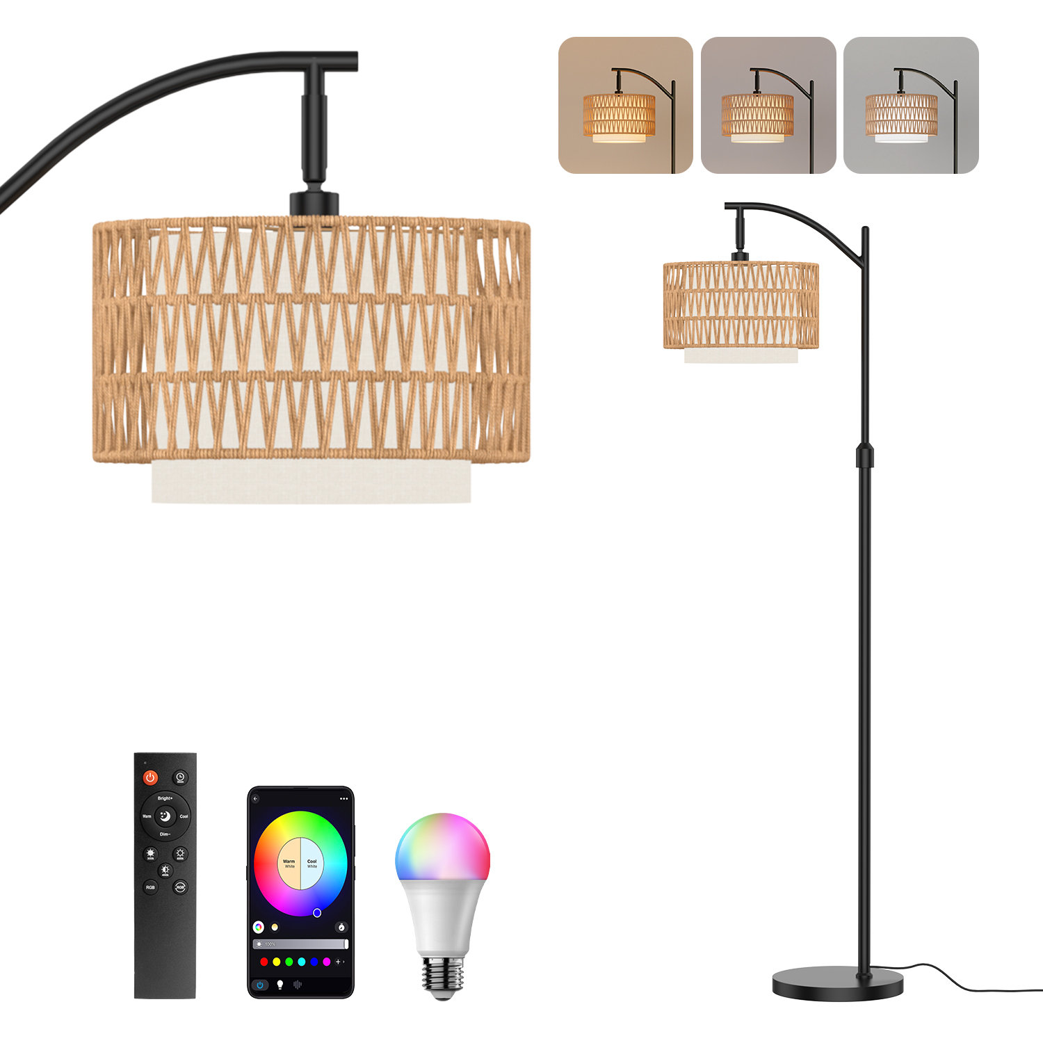 Bay Isle Home™ Dimmable Bohemian Floor Lamp with Remote Control, 3 CCT ...