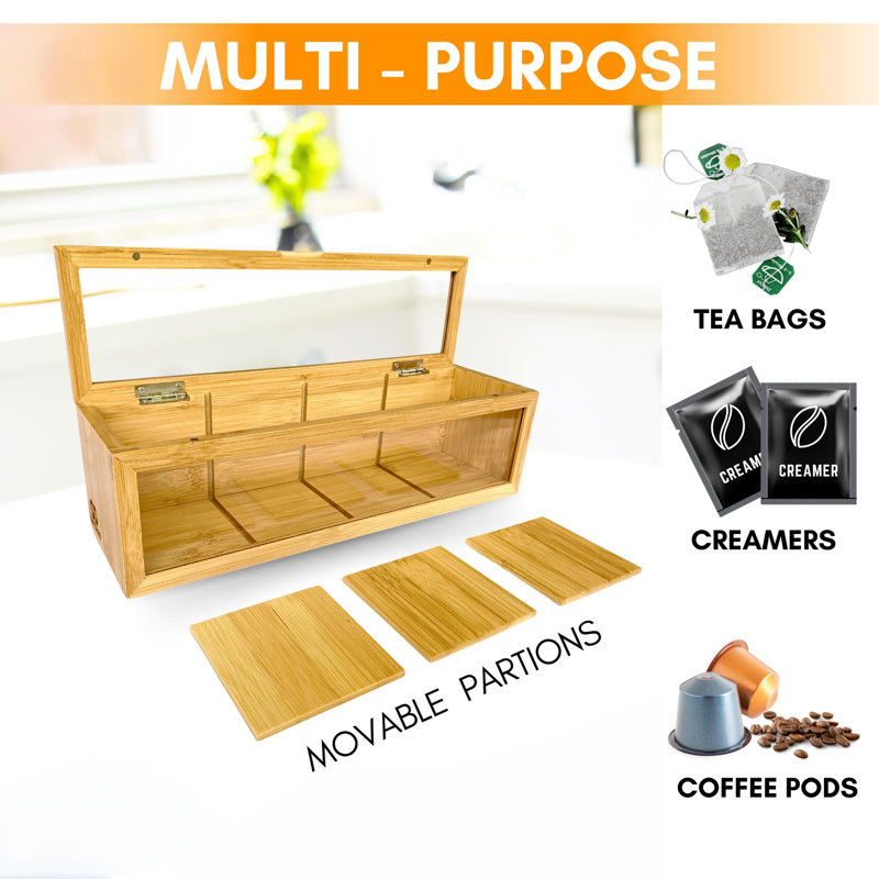 BBCPC Bamboo Tea Bag Organizer – 4-Compartment Storage Box | Wayfair