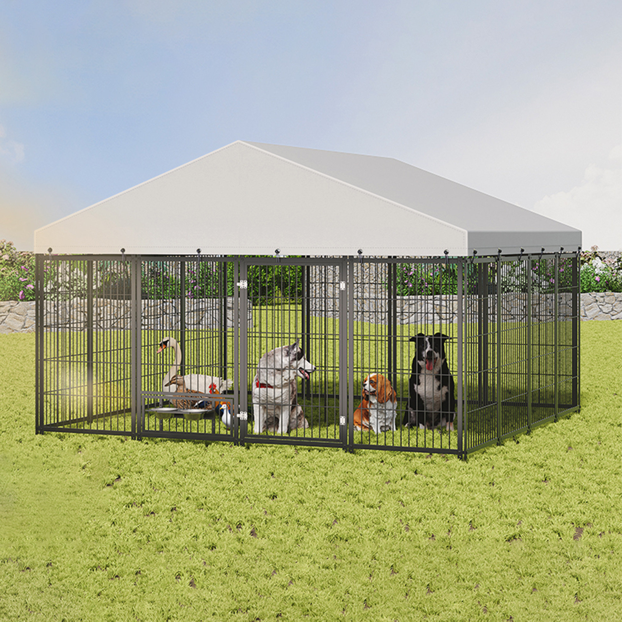17 Stories Heavy Duty Dog Kennel with Roof - Outdoor Metal Enclosure ...