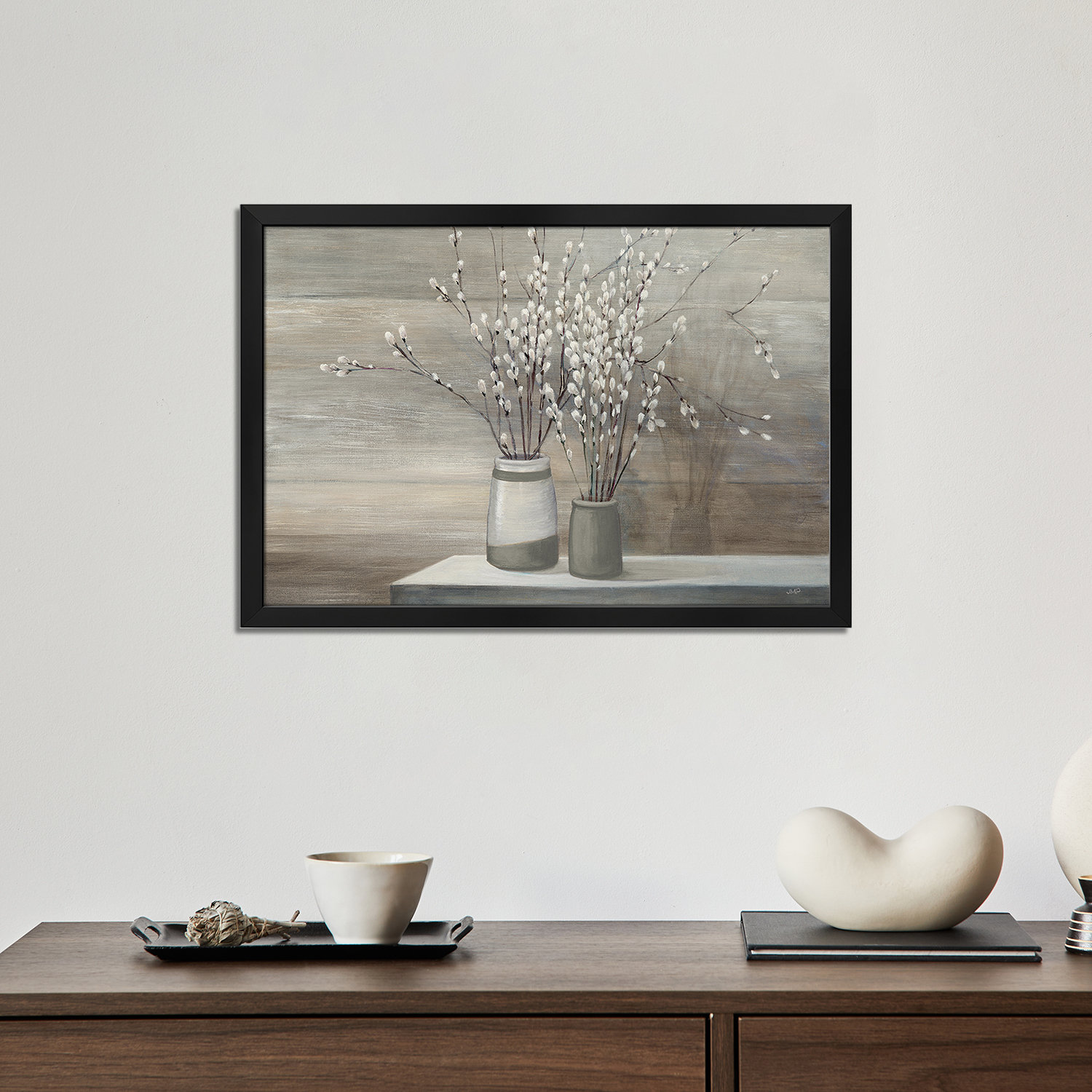 Winston Porter Pussy Willow Still Life Gray Pots Premium Framed Poster ...