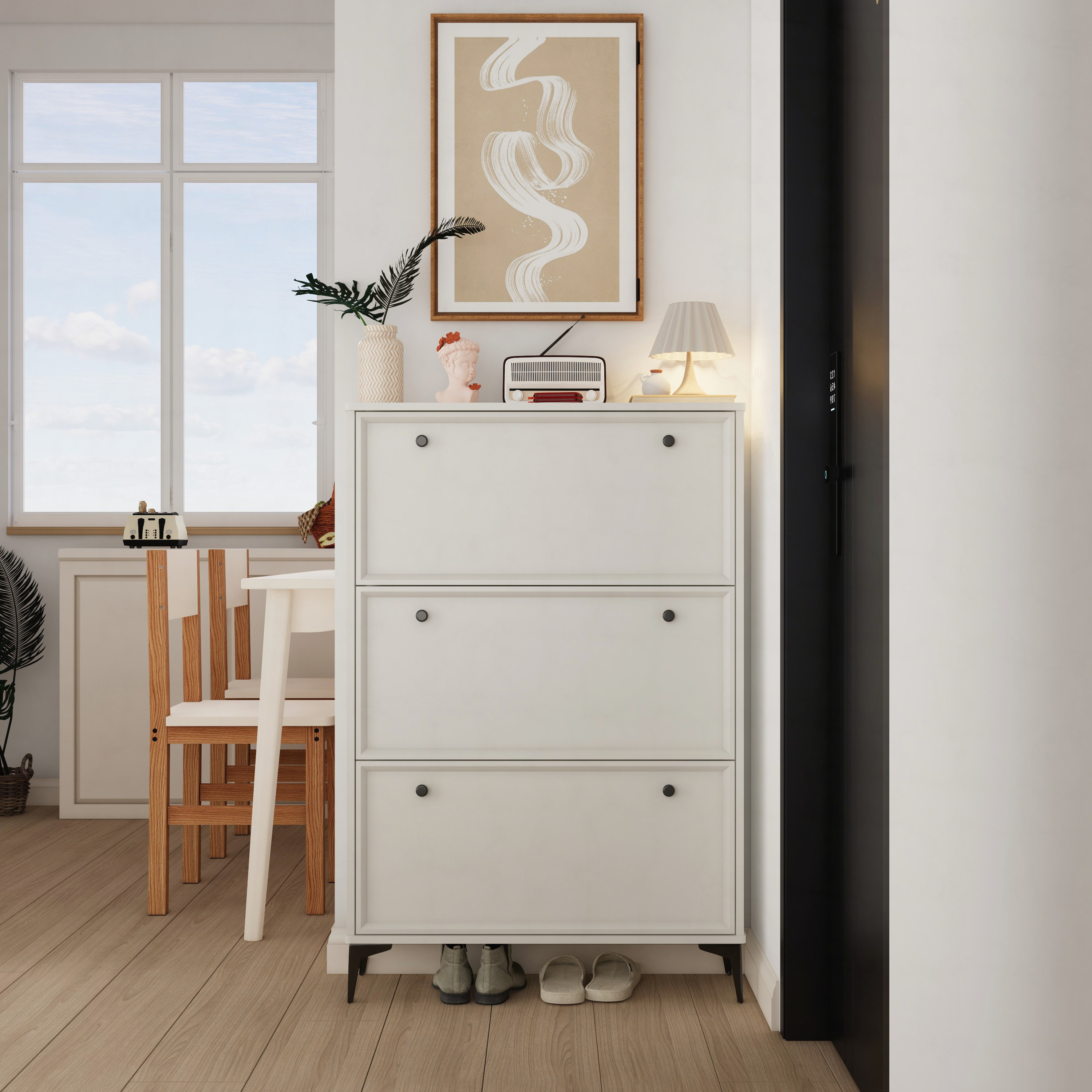 Latitude Run® Modern and stylish white shoe cabinet with 3 flip drawers ...