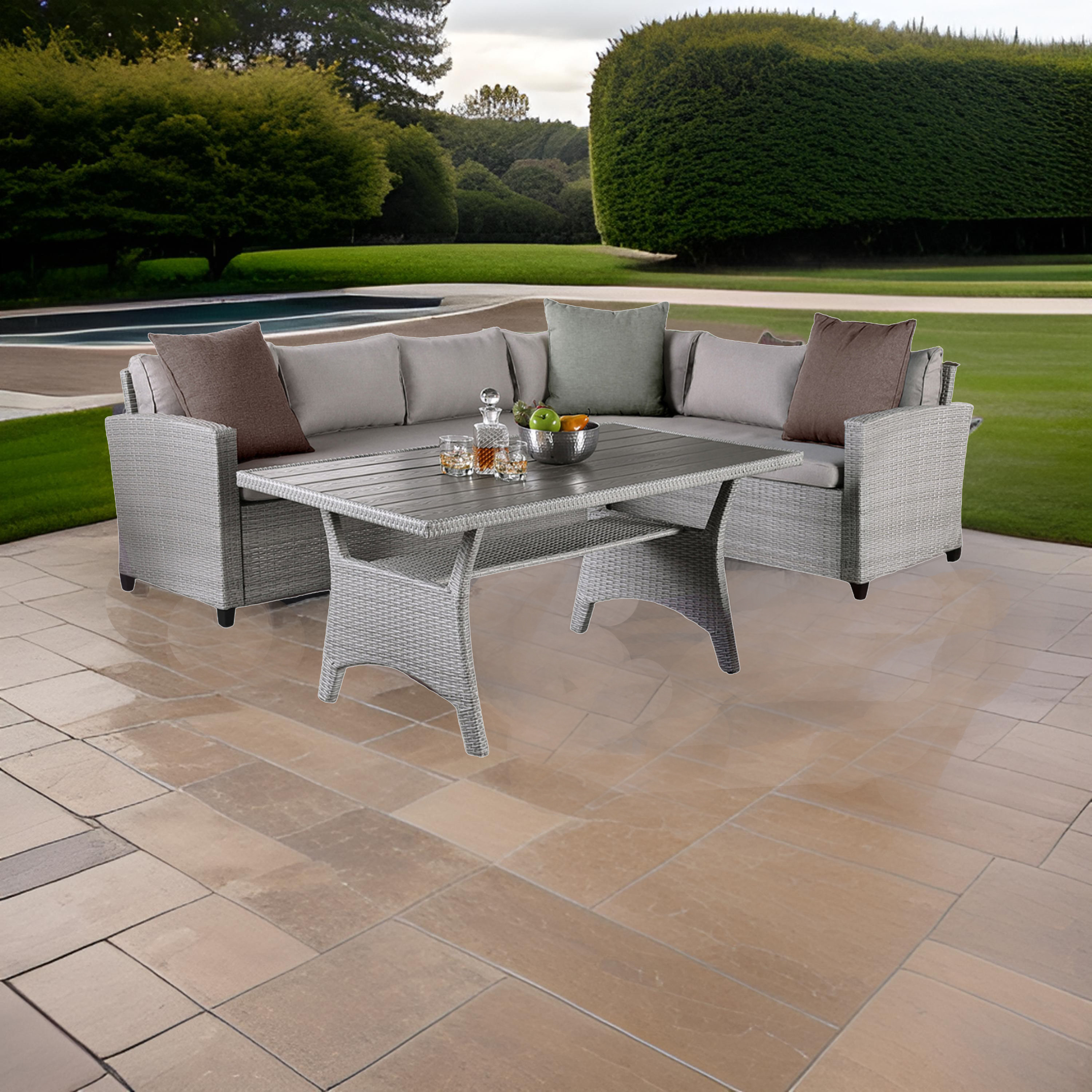 Benjara Maria 3 Piece Outdoor Patio Dining Set, L Sectional Sofa With ...