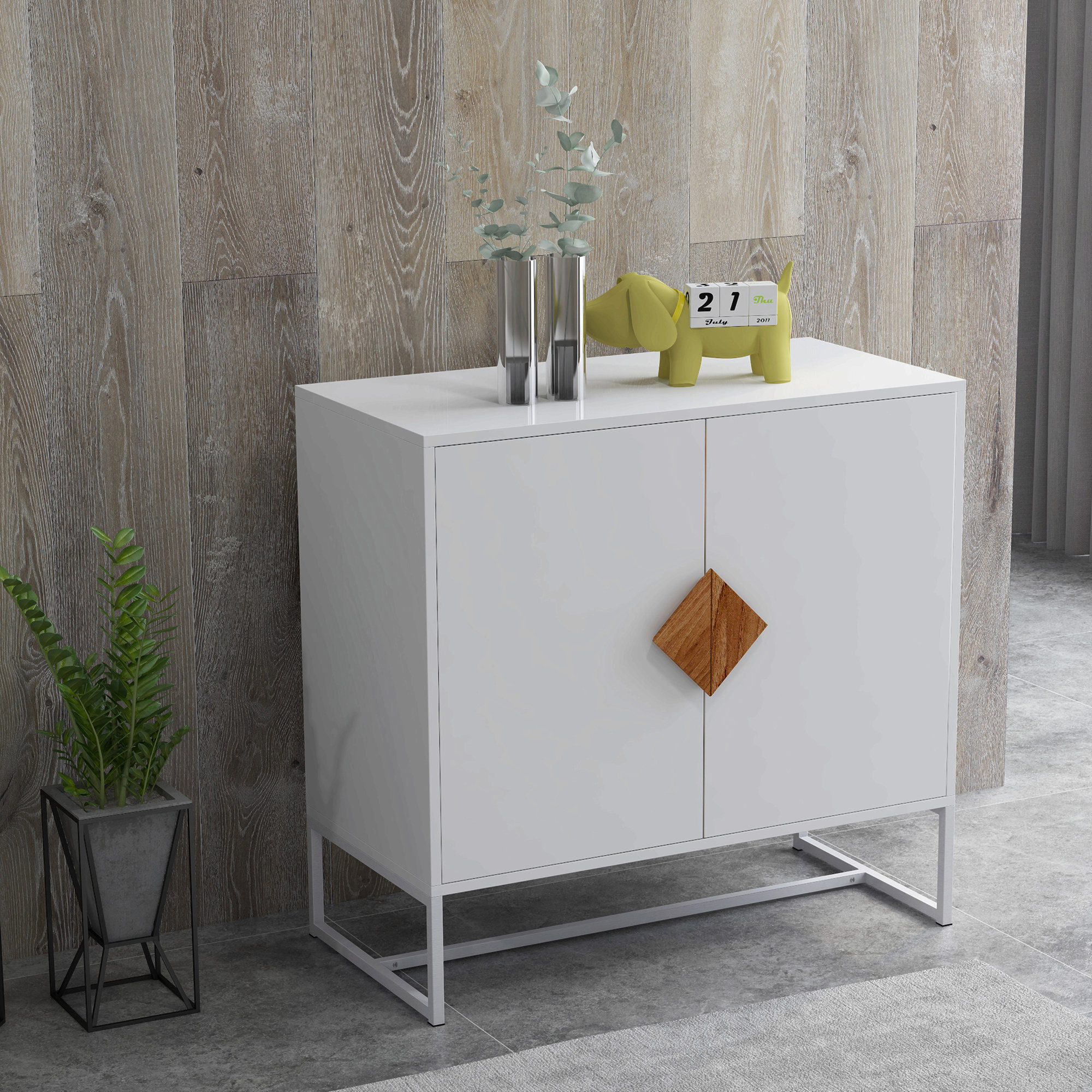 Ebern Designs Solid Wood Square Shape Handle 2 Doors Sideboard | Wayfair