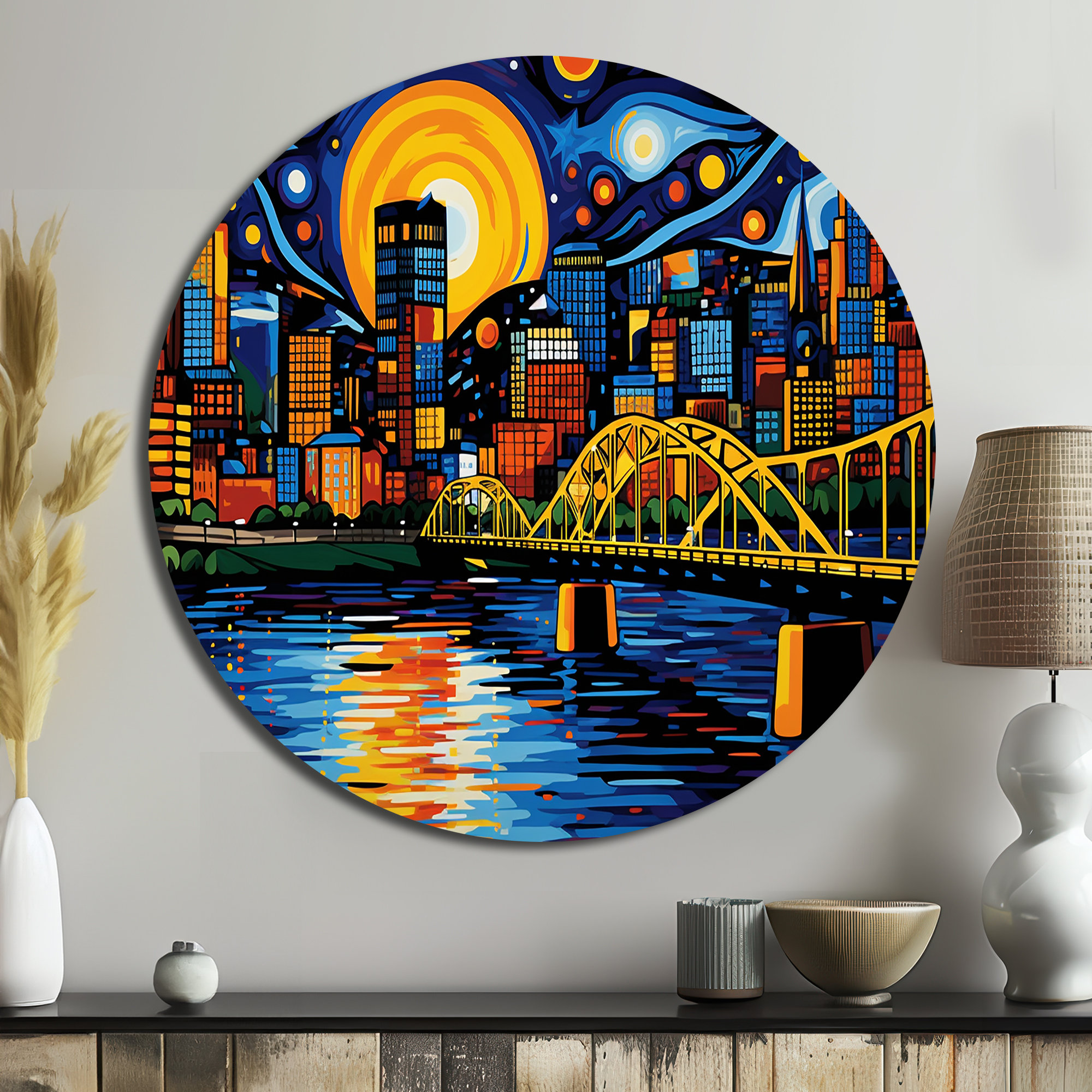 Design Art City Pittsburgh Popart I - Cityscapes Round Metal Art ...